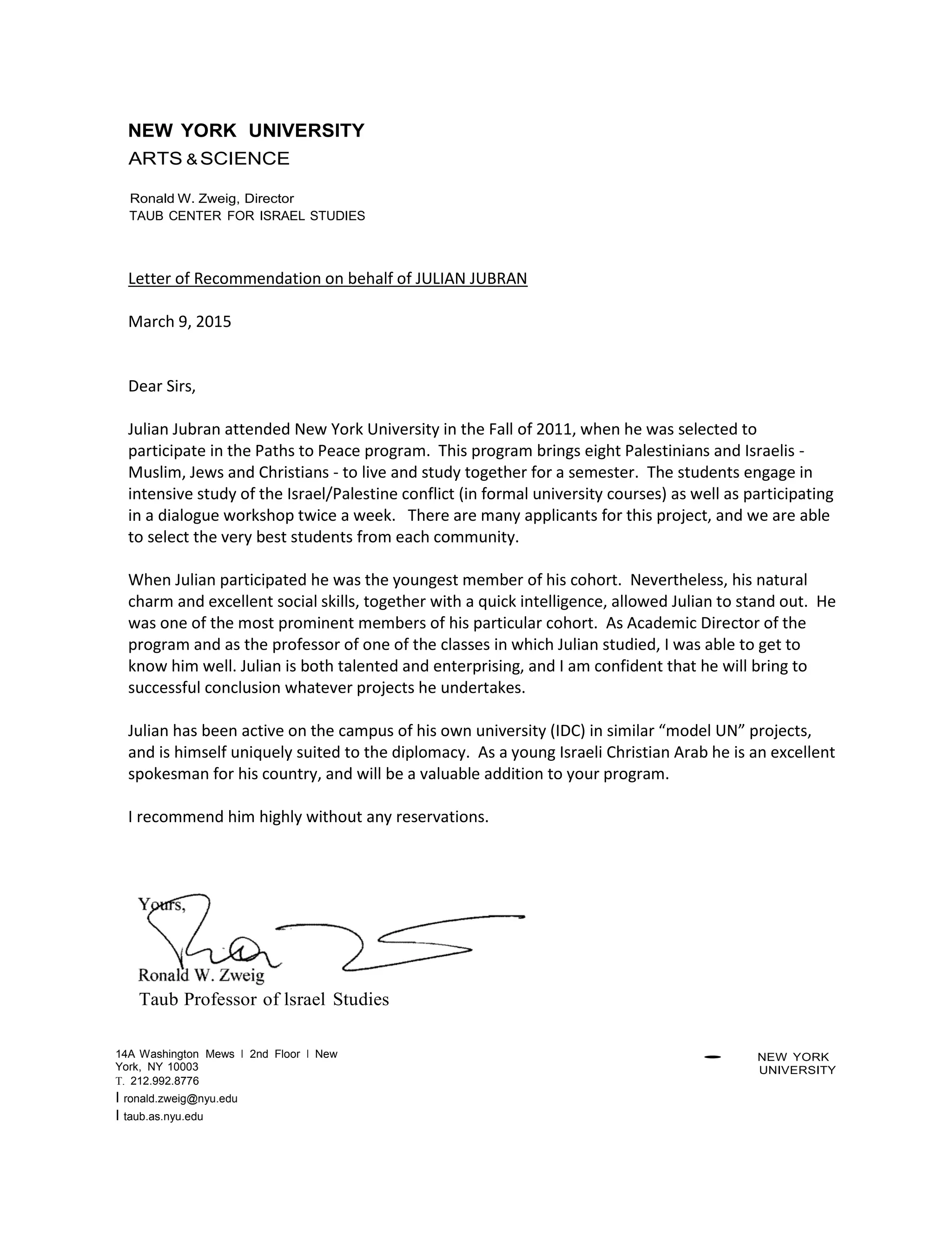 NYU Taub Center Director's Letter of Recommendation for Julian Jubran | PDF
