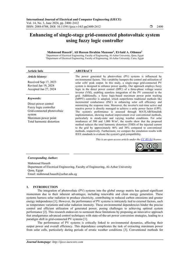 Enhancing of single-stage grid-connected photovoltaic system using fuzzy logic controller | PDF