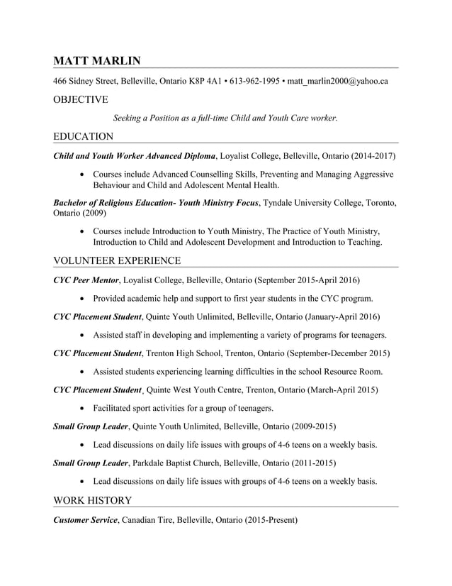 Child and Youth Worker Resume | DOC