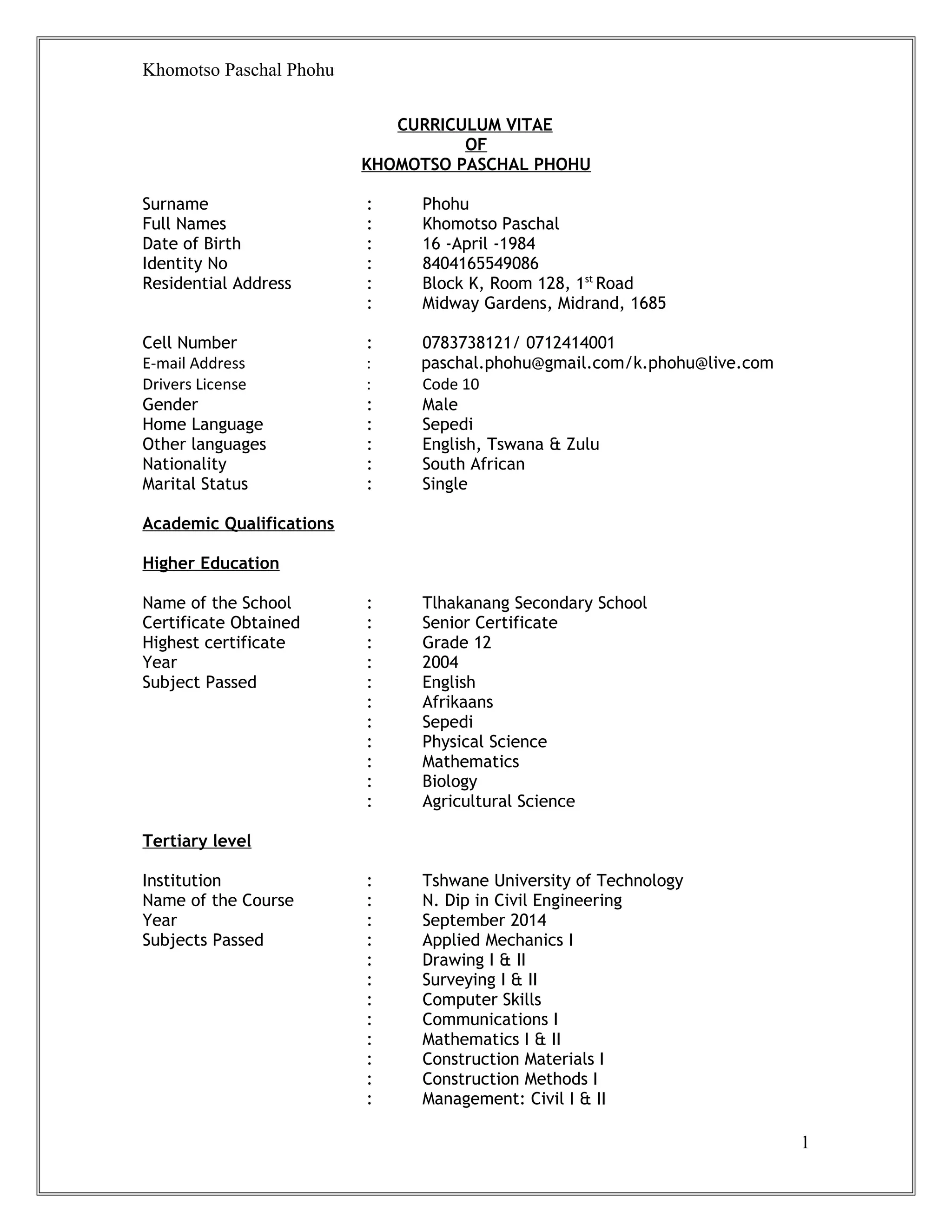 CURRICULUM VITAE-khomotso.doc latest | DOC