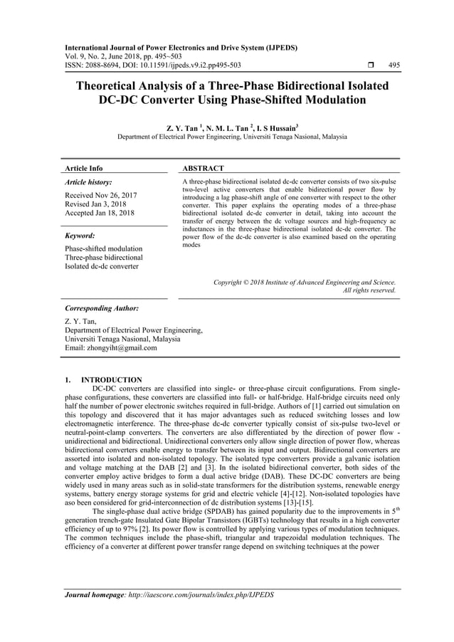 Theoretical Analysis of a Three-Phase Bidirectional Isolated DC-DC Converter Using Phase-Shifted ...