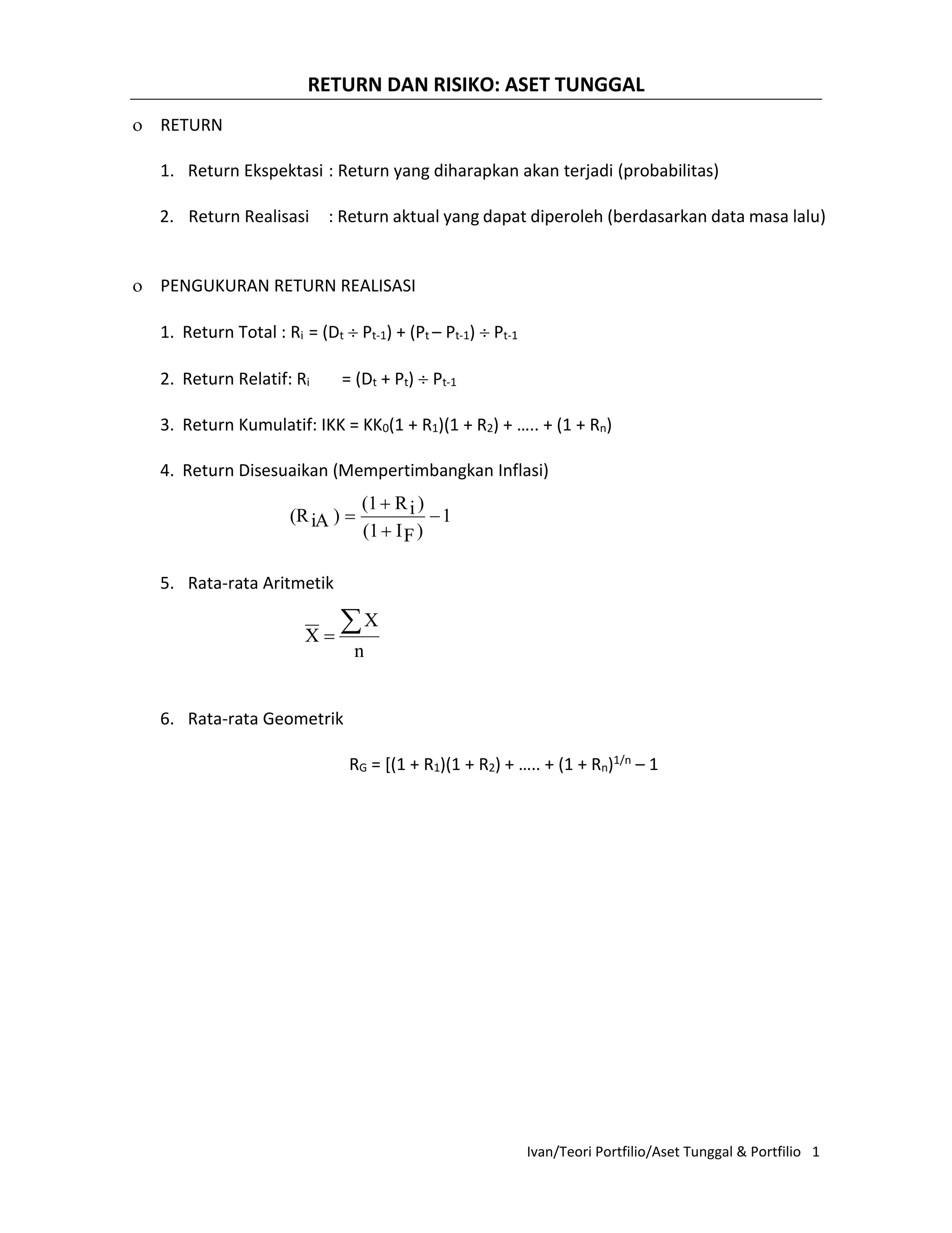 Return dan Risiko: Aset Tunggal Portfolio | PDF