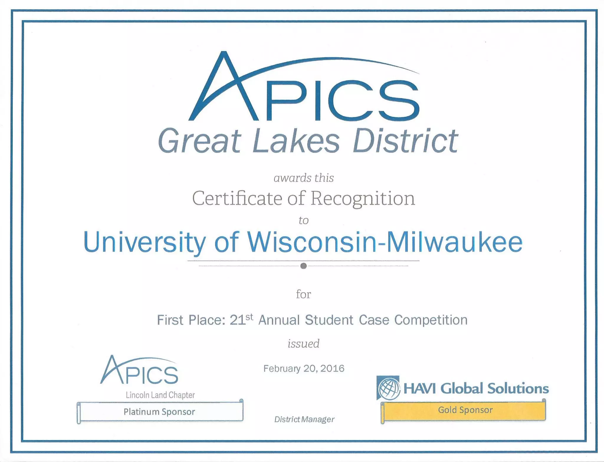 APICS Student Case Competiton Great Lakes Regional First Place ...