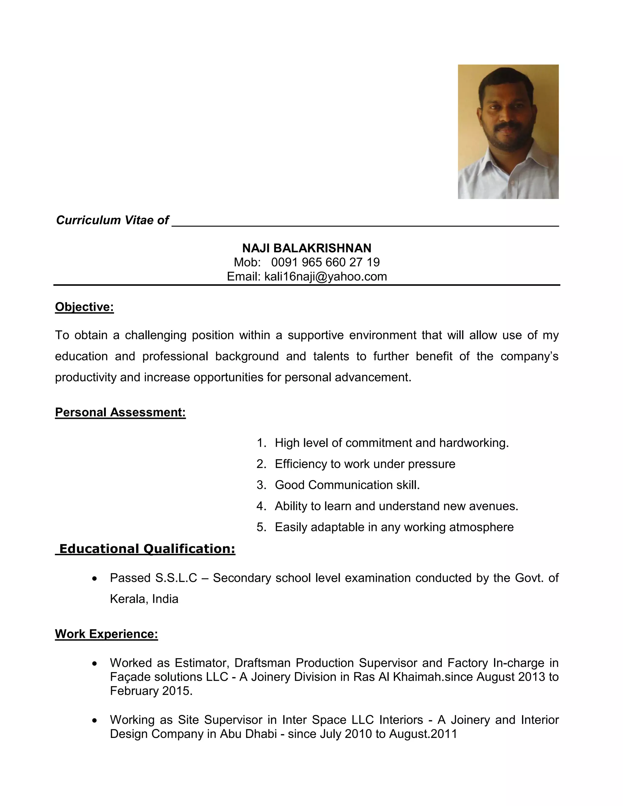 Naji Balakrishnan CV . | PDF | Woodworking | Arts and Crafts