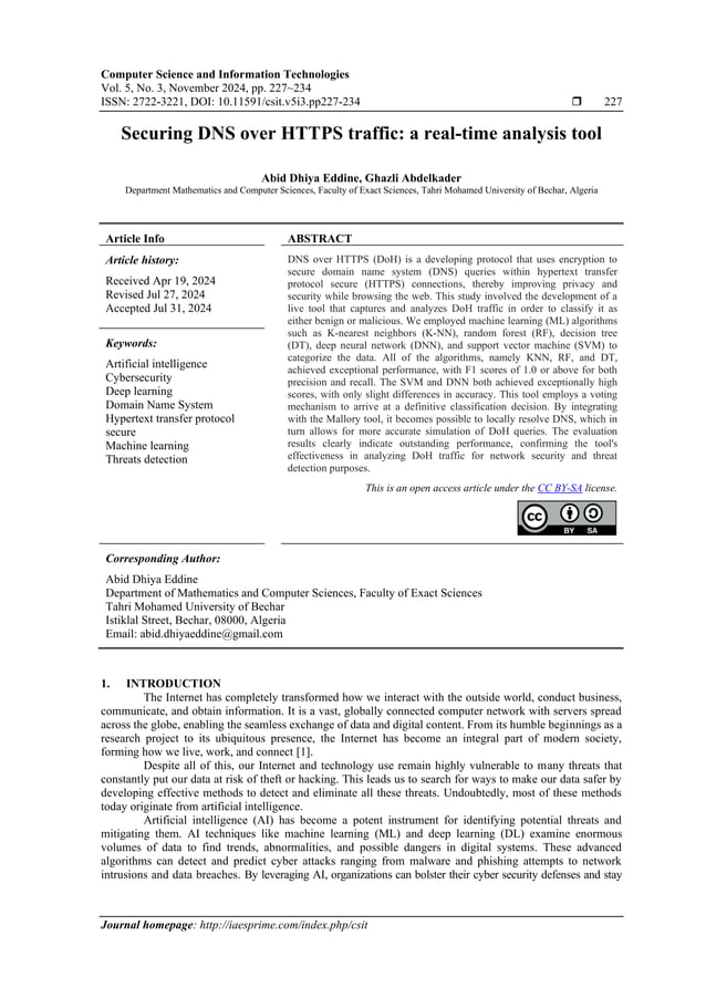 Securing DNS over HTTPS traffic: a real-time analysis tool | PDF