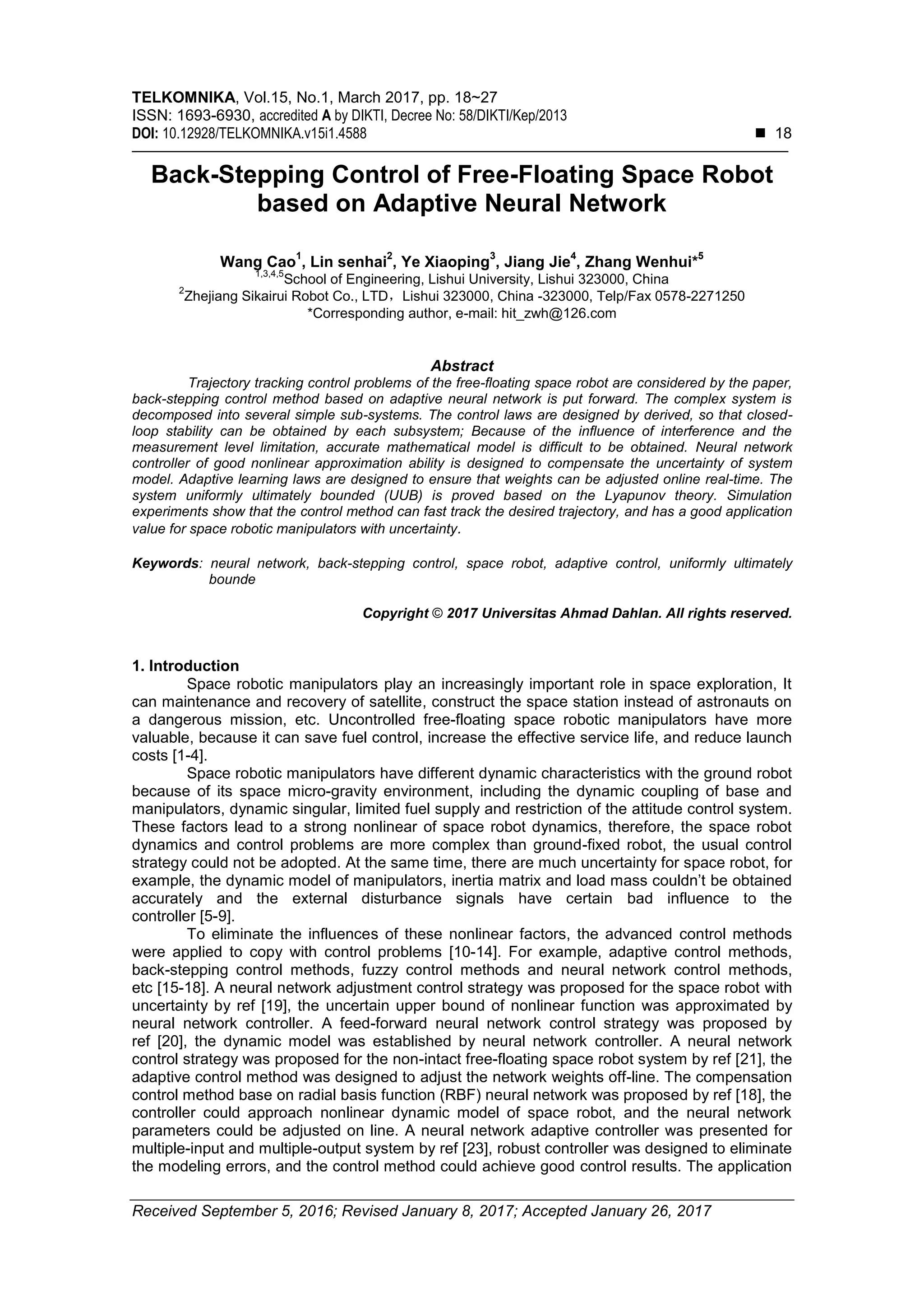 Back Stepping Control Of Free Floating Space Robot Based On Adaptive Neural Network Pdf