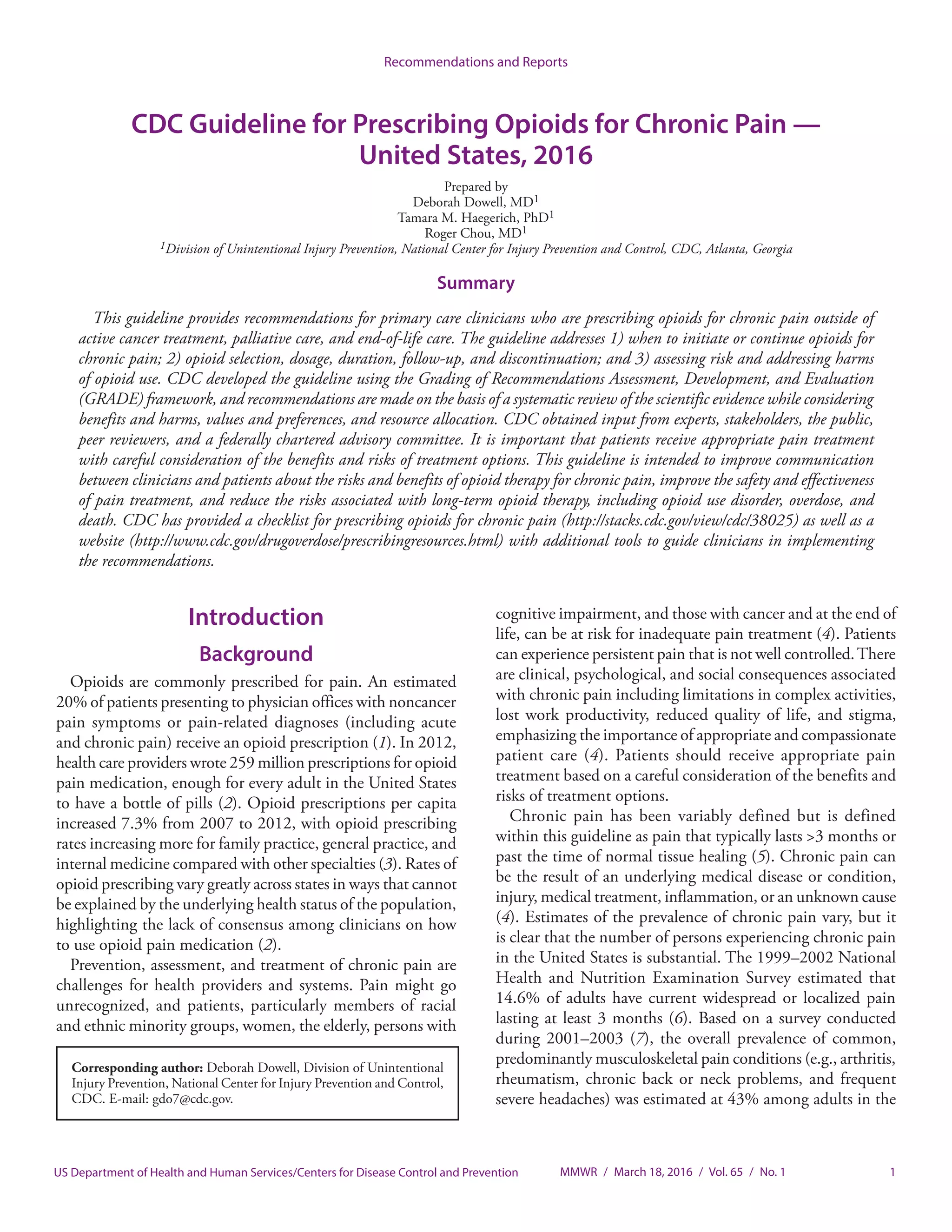 CDC Opioid Prescribing Guidelines | PDF