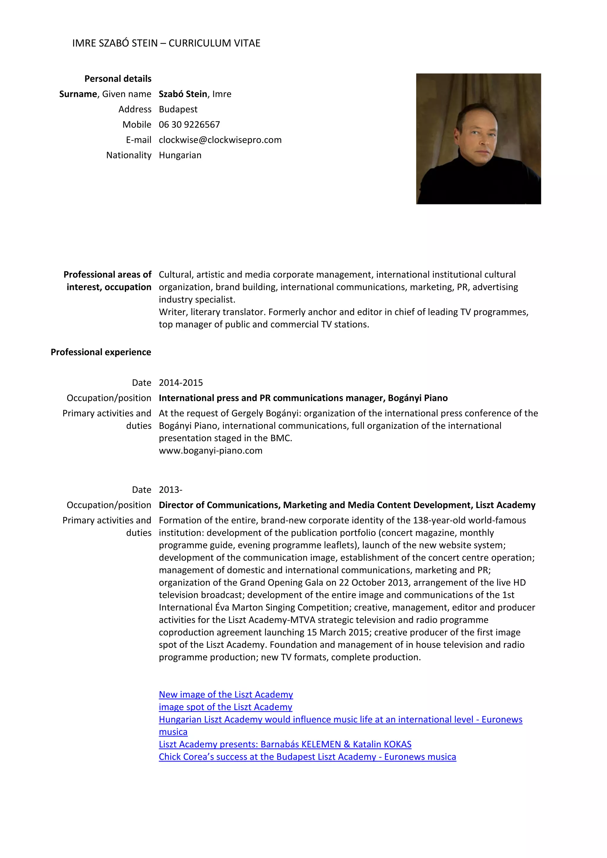 Imre Szabó Stein CV English_2016 | PDF