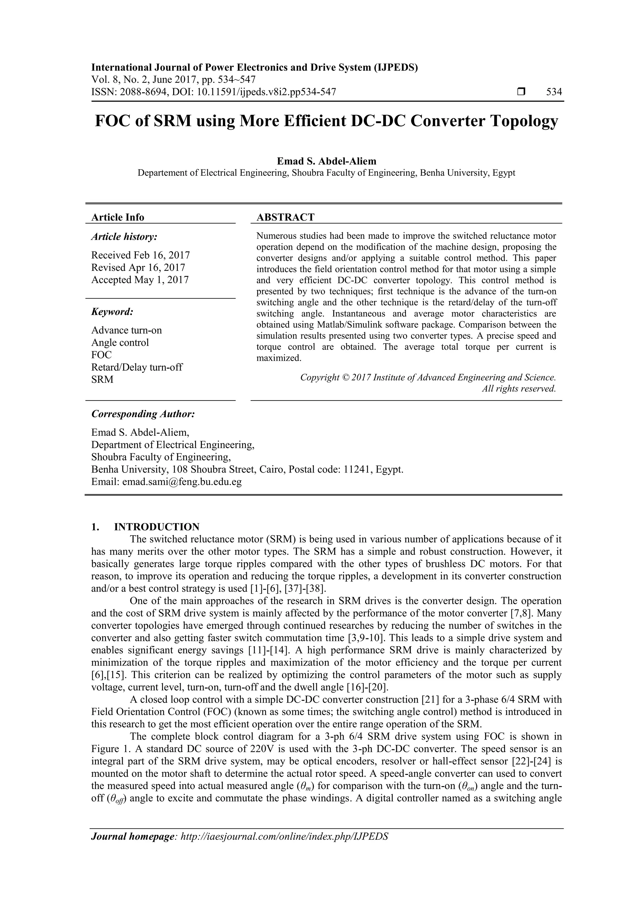 FOC of SRM using More Efficient DC-DC Converter Topology | PDF