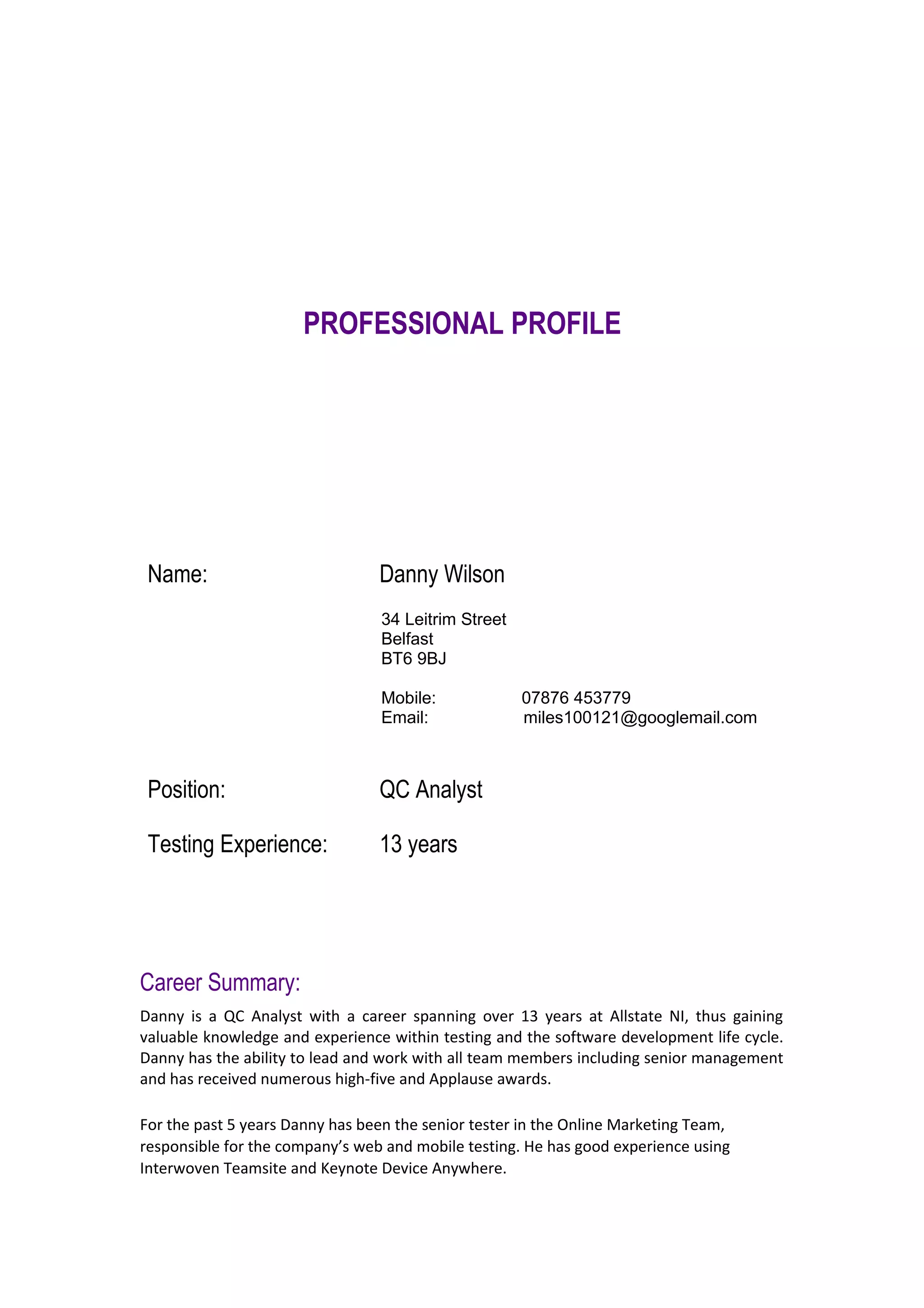 Danny Wilson - Professional Profile | DOC | Computing | Technology & Computing