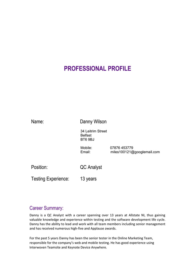 Danny Wilson - Professional Profile | DOC | Computing | Technology & Computing