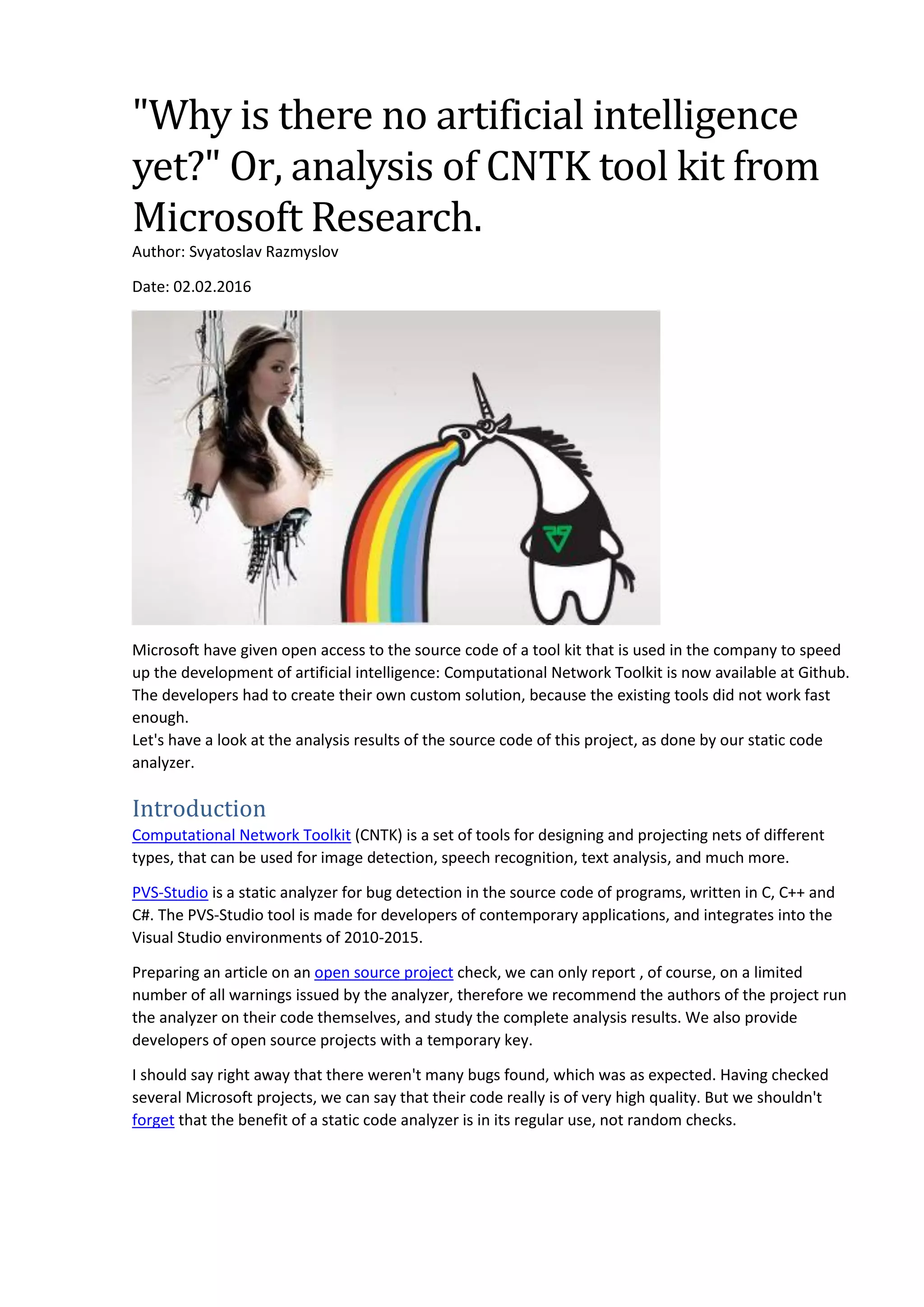 "Why is there no artificial intelligence yet?" Or, analysis of CNTK tool kit from Microsoft ...