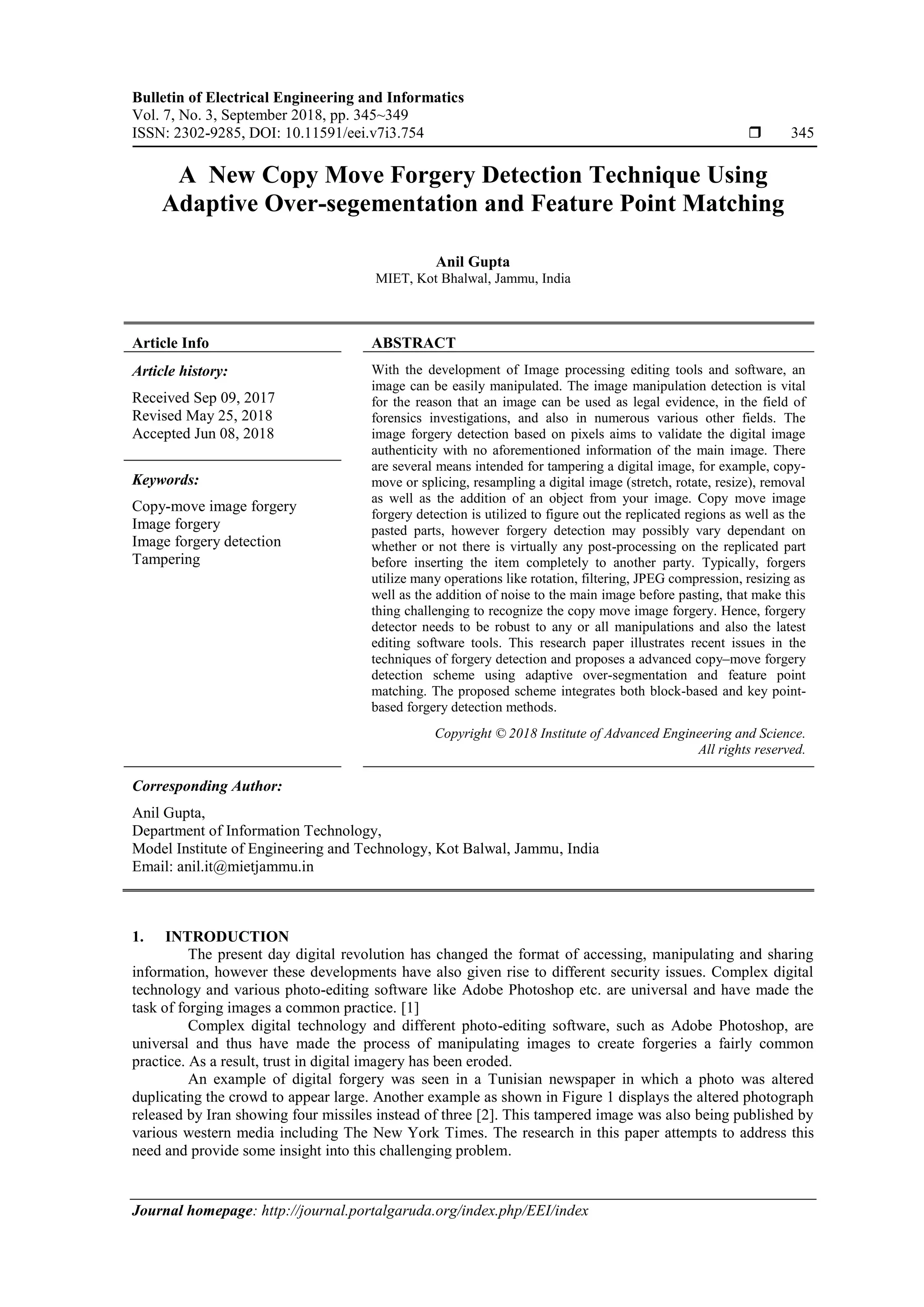 A New Copy Move Forgery Detection Technique Using Adaptive Over Segementation And Feature Point