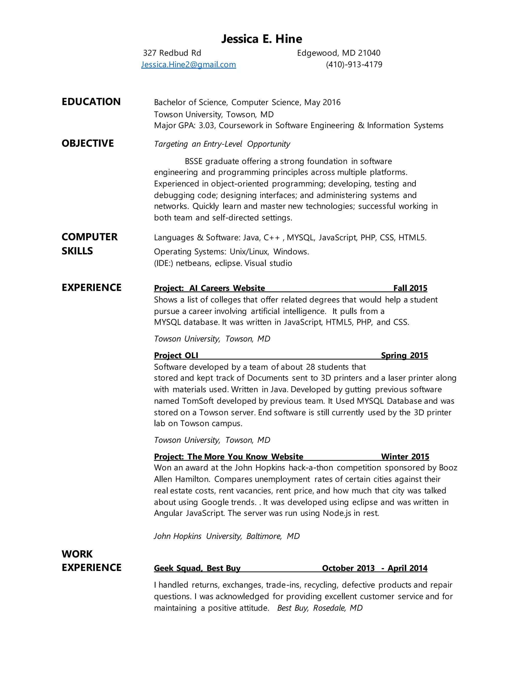 JessicaHineResumenew | DOCX | Programming Languages | Computing