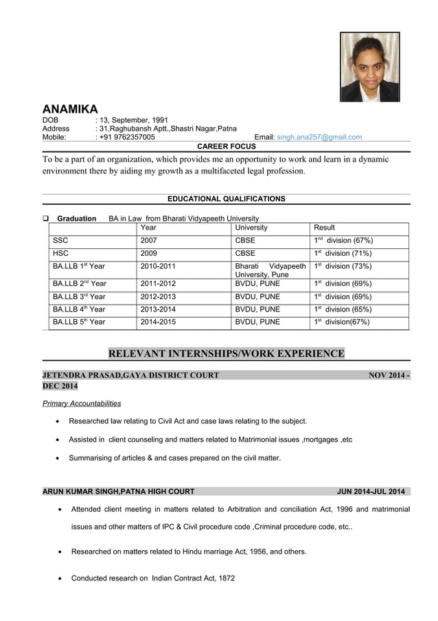 Anamika resume | DOC | Legal Services Industry | Industries