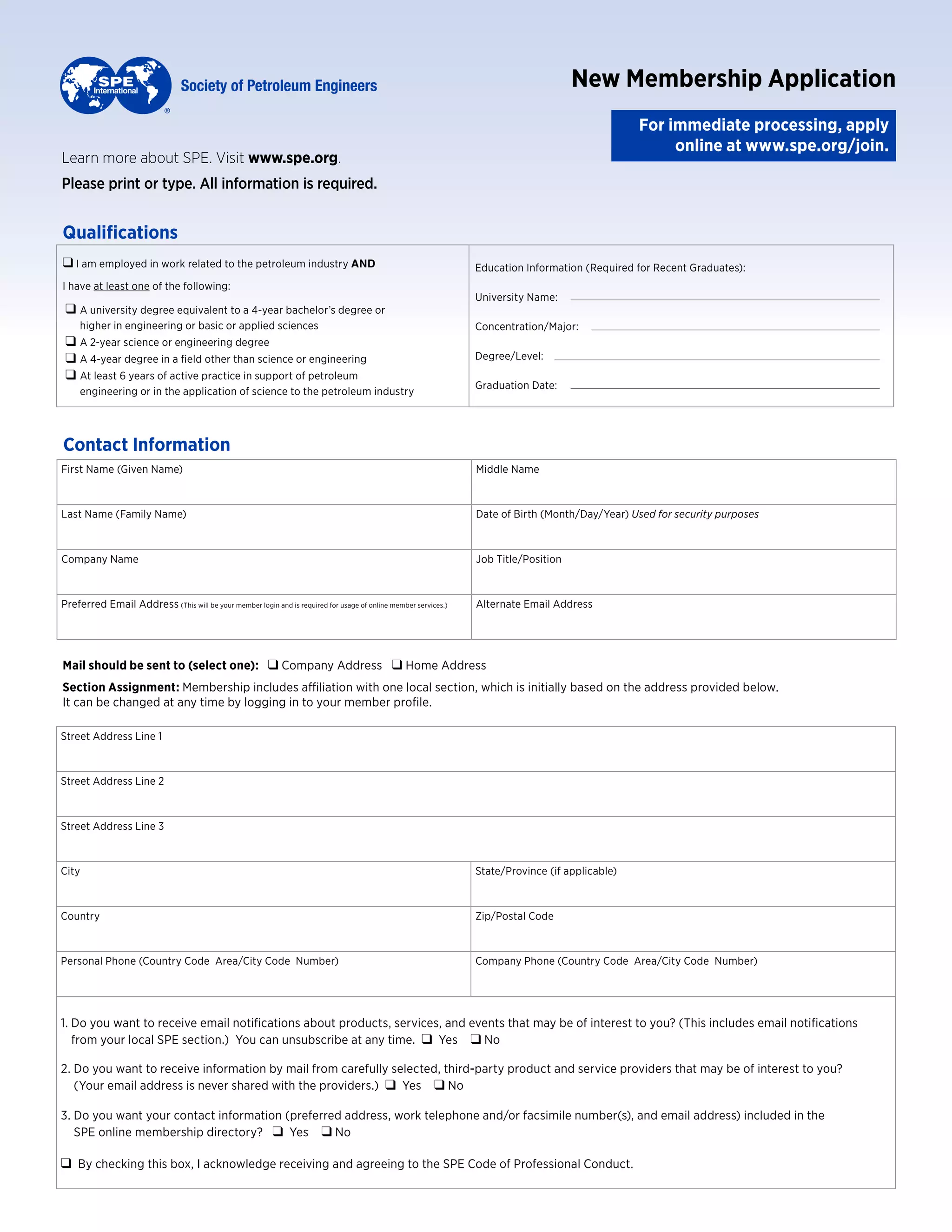SPE MEMBERSHIP APPLICATION | PDF