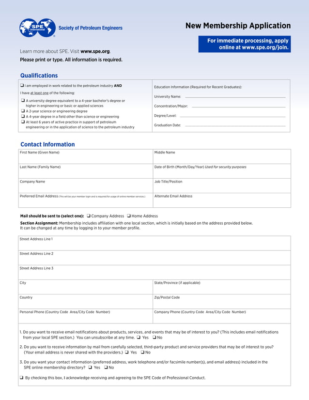 SPE MEMBERSHIP APPLICATION | PDF