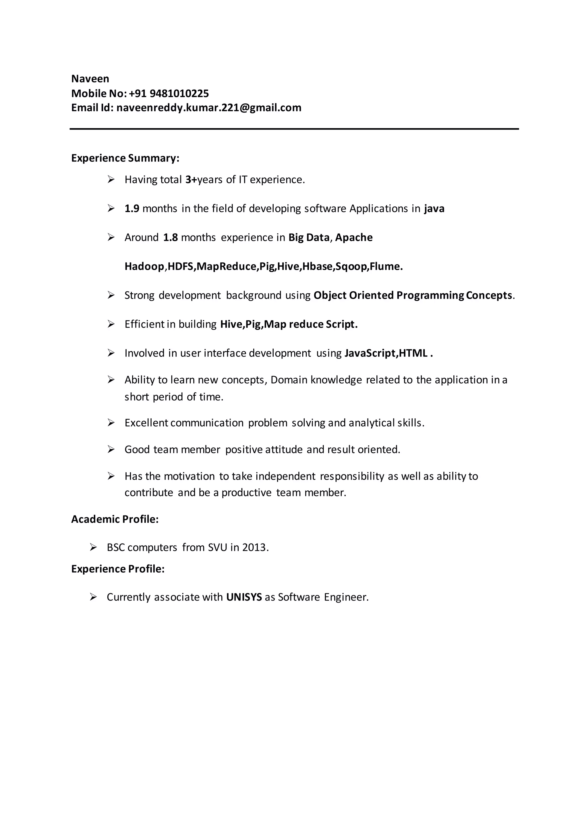 naveen resume | DOCX | Programming Languages | Computing