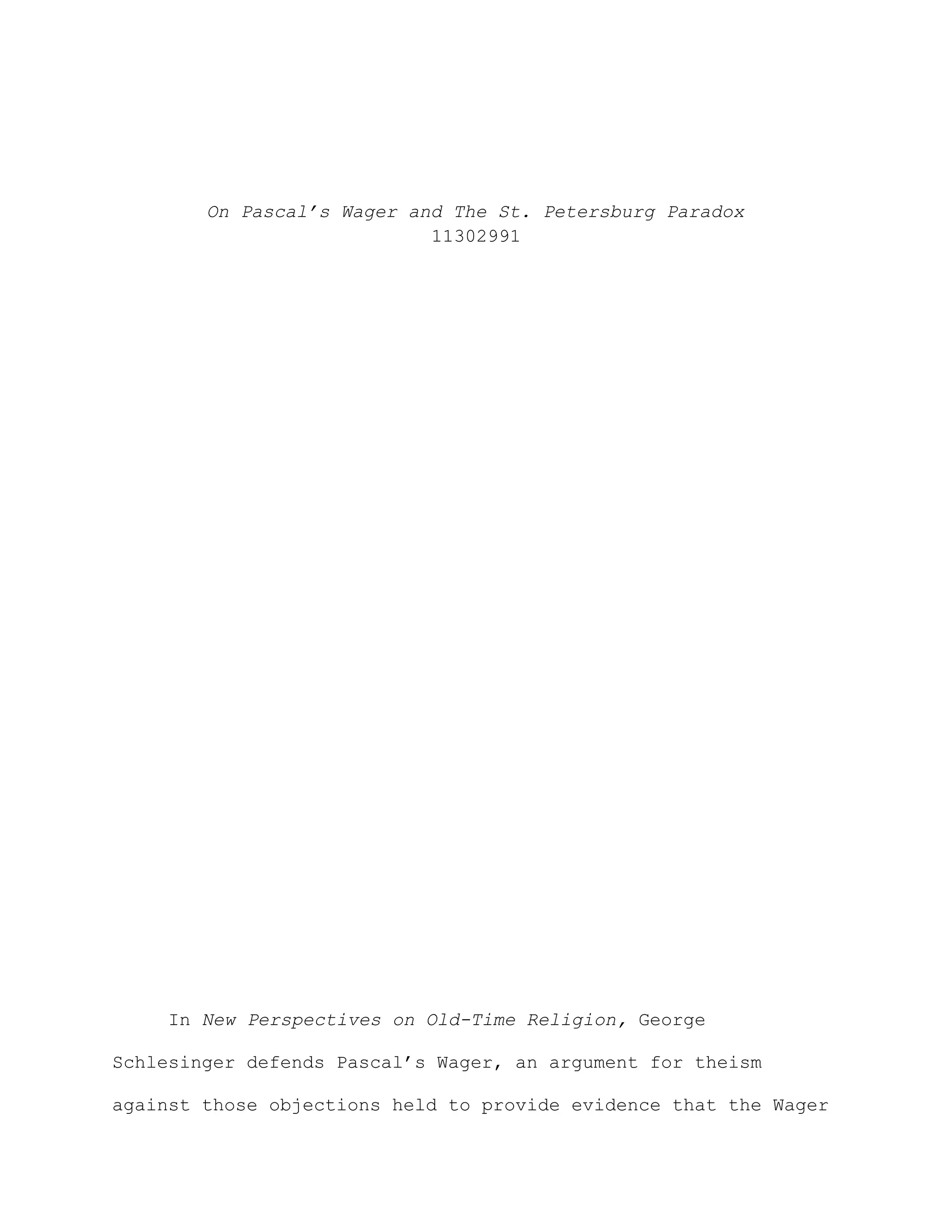 On Pascal’s Wager and The St. Petersburg Paradox | DOC