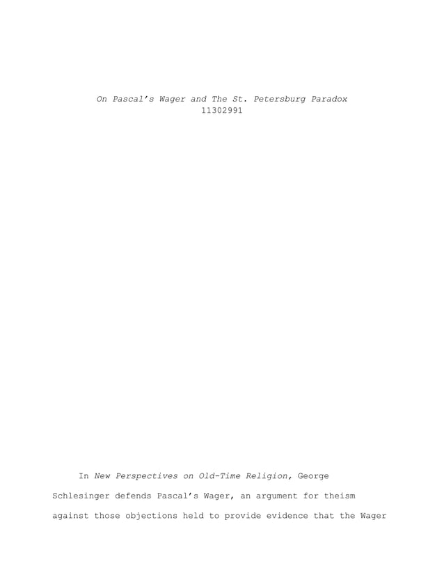 On Pascal’s Wager and The St. Petersburg Paradox | DOC | Poker and ...