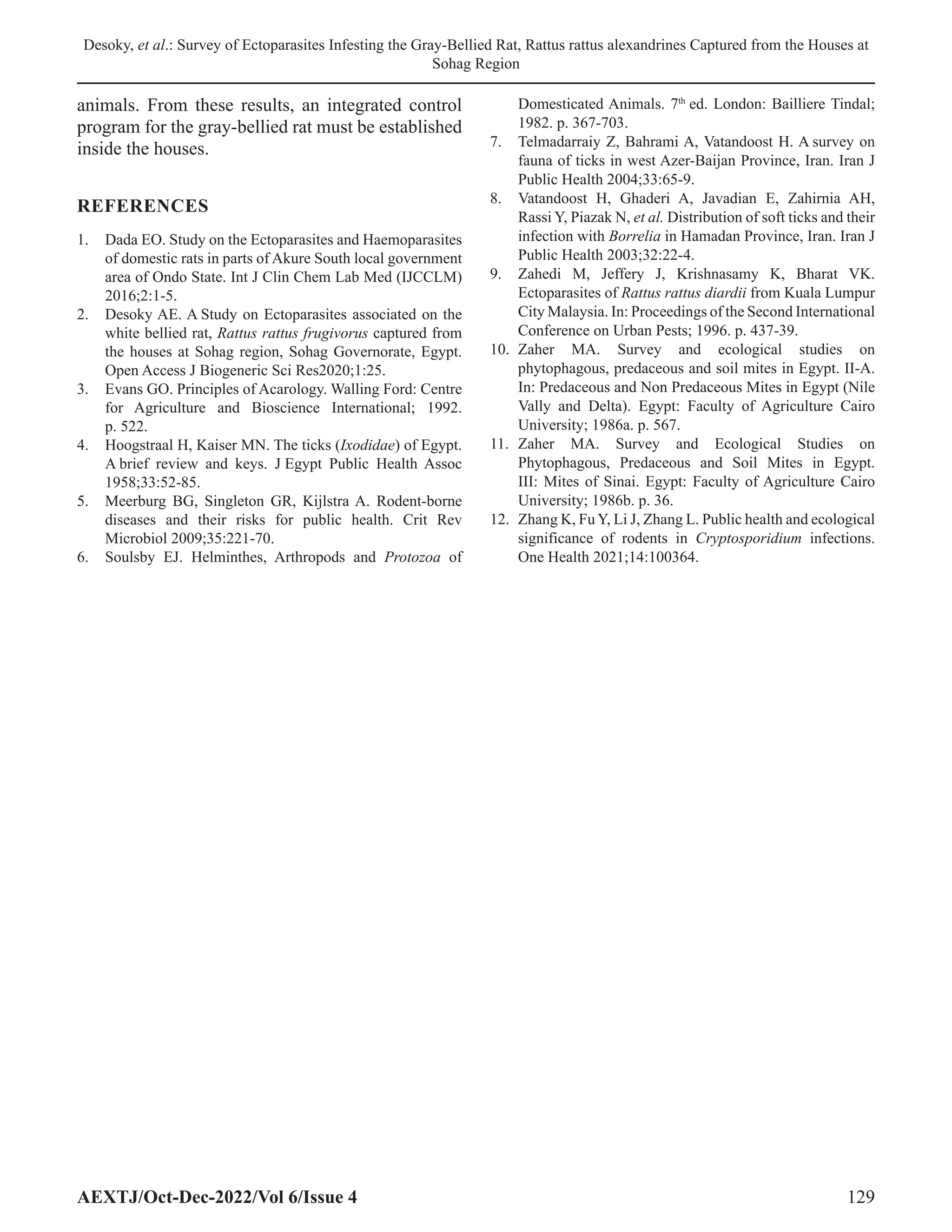 Survey of Ectoparasites Infesting the Gray-Bellied Rat, Rattus rattus ...