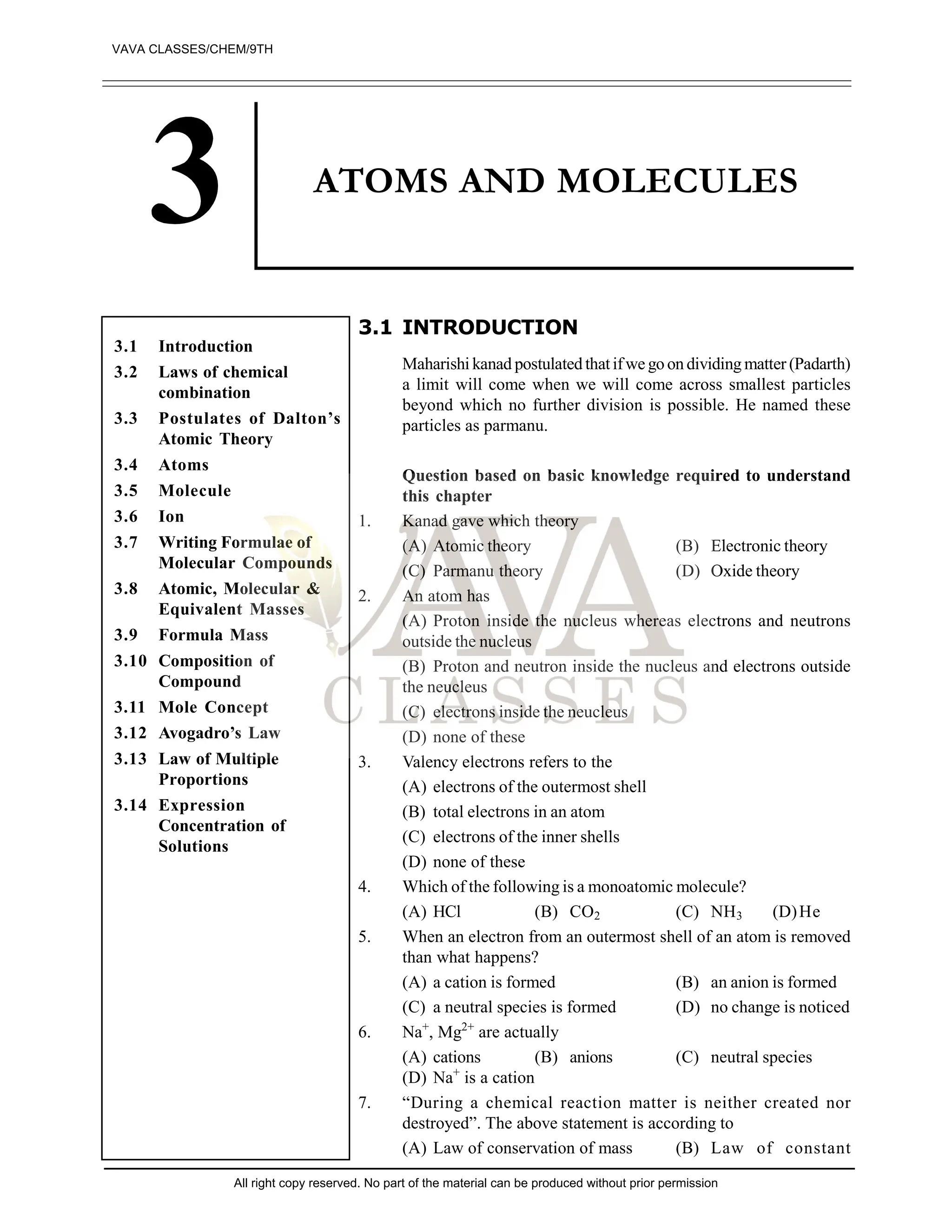 Atoms and molecules class 9 study material | PDF