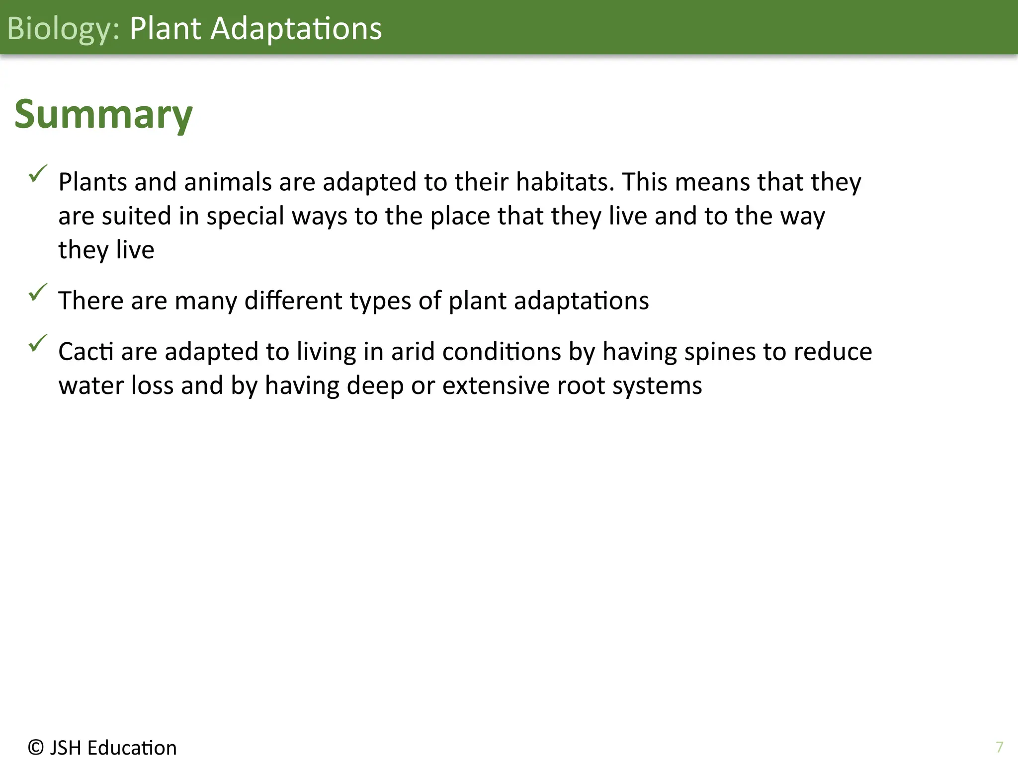 JSH03B003 Plant Adaptations; Biology Education ages 11-14 | PPTX