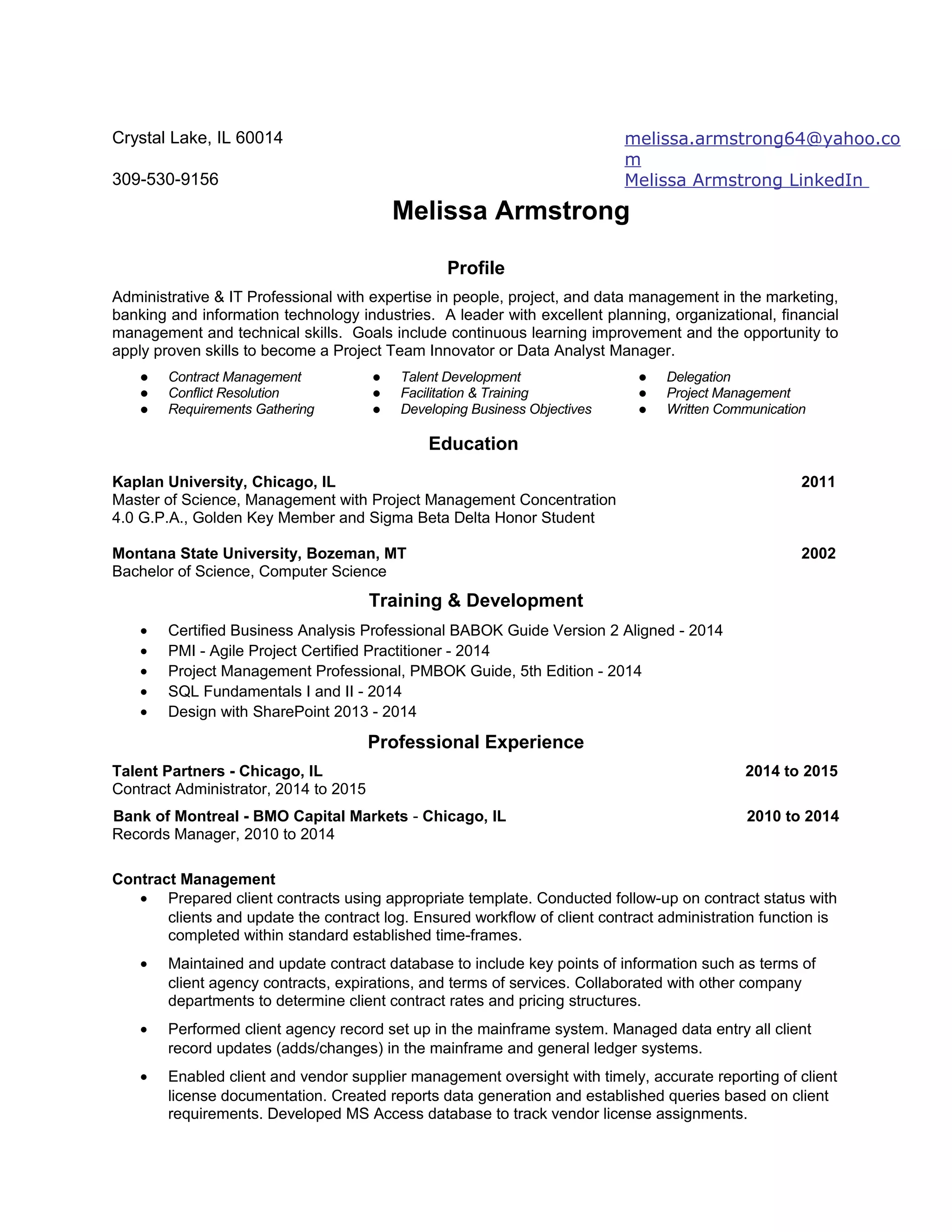 Melissa Armstrong Resume_061615 | DOC | Computing | Technology & Computing