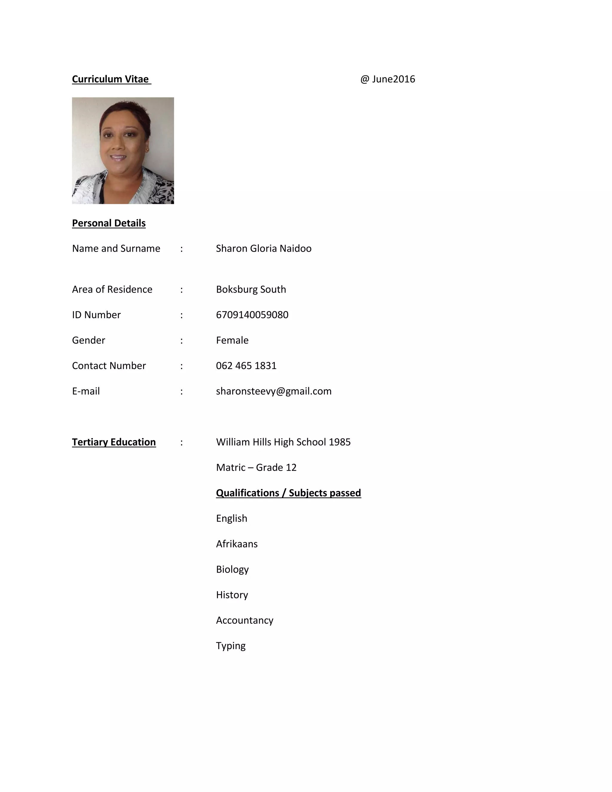 Curriculum Vitae - Sharon G Naidoo June 2016 | PDF