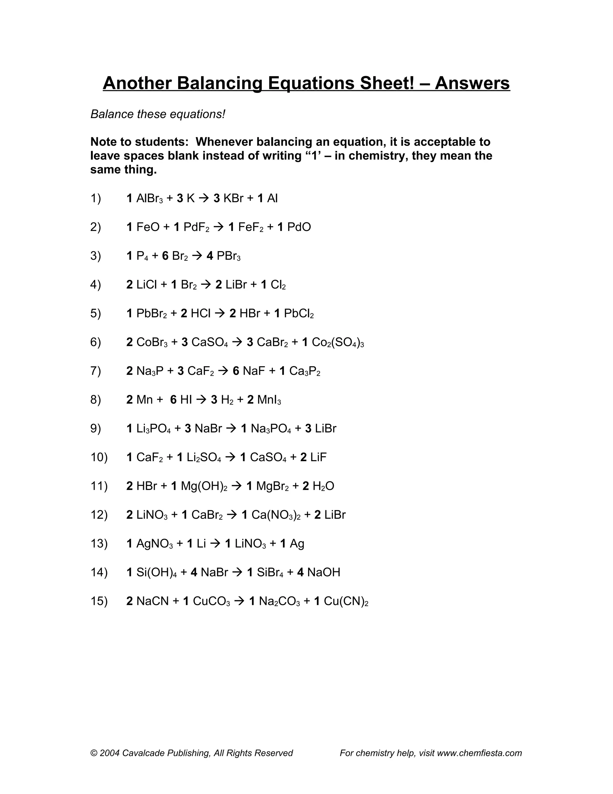 Balancing Equations Questions and Answers | DOC | Chemistry | Science