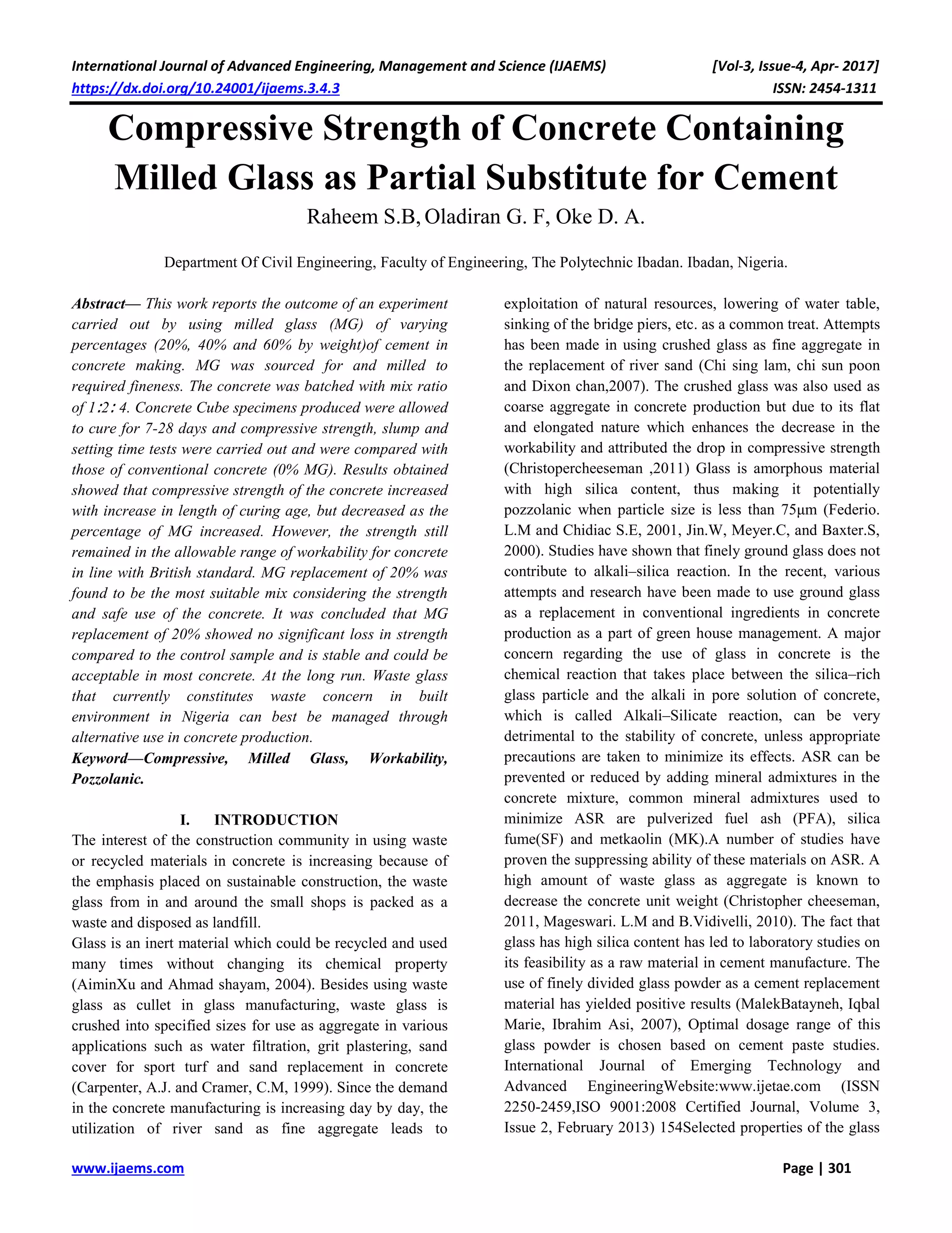 compressive strength of concrete containing milled glass as partial ...