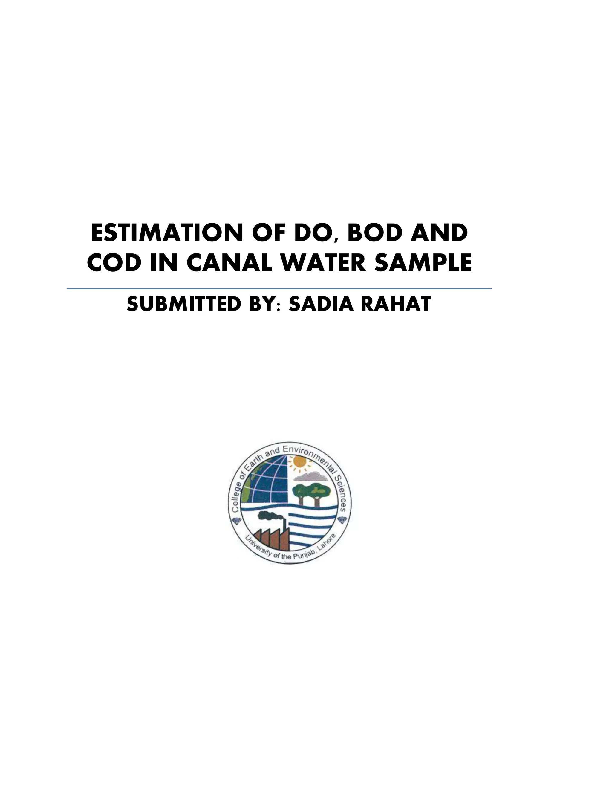 ESTIMATION OF DO, BOD AND COD IN CANAL WATER SAMPLE | DOCX