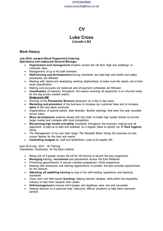 Luke Cross cv | DOCX | Bars & Restaurants | Attractions