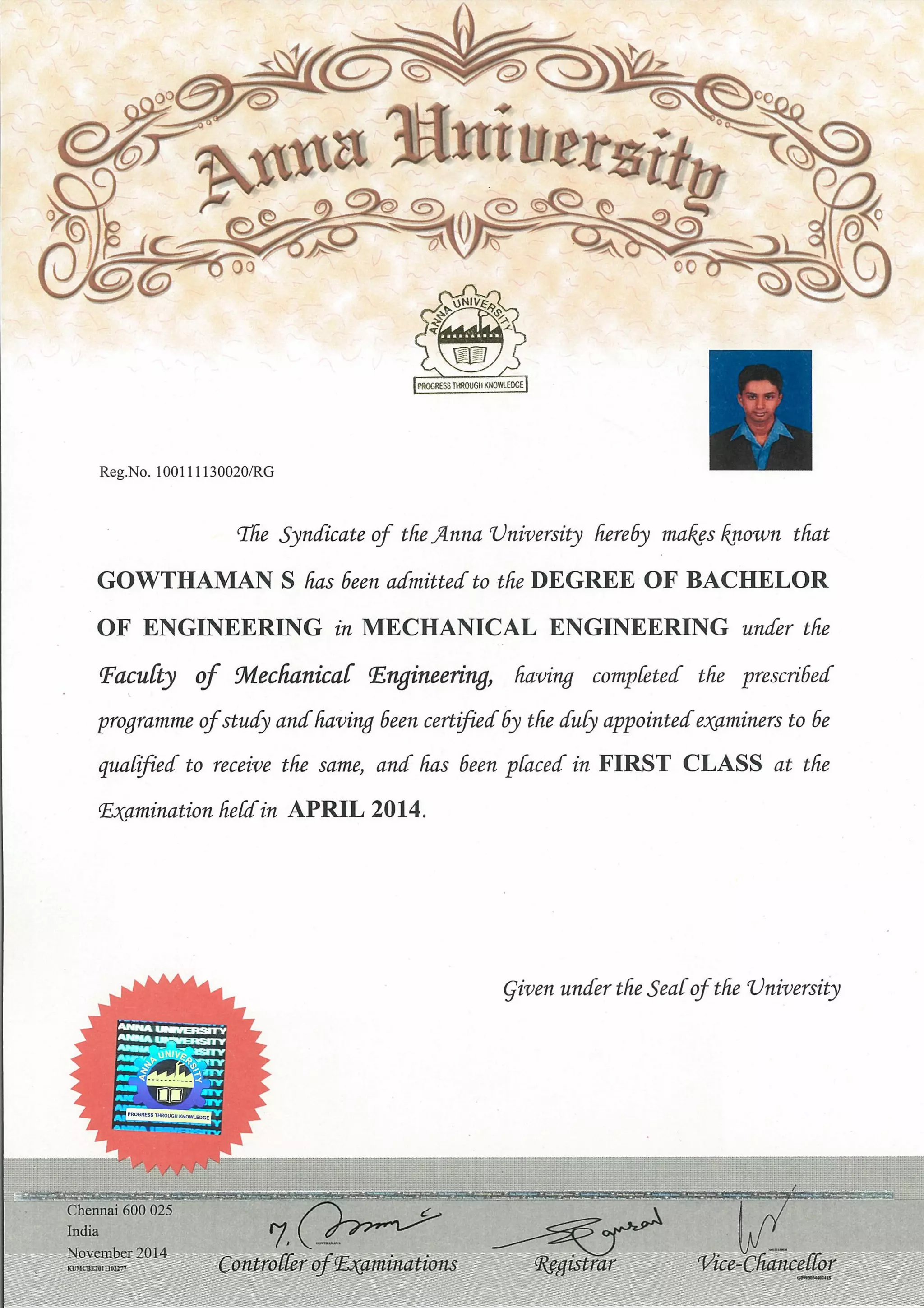 BEng_Graduation Certificate_Gowthaman | PDF