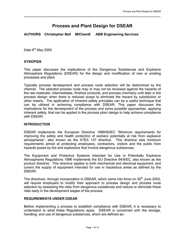 Process and Plant Design for DSEAR | PDF