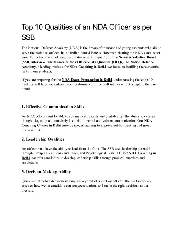 Top 10 Qualities of an NDA Officer as per SSB | PDF