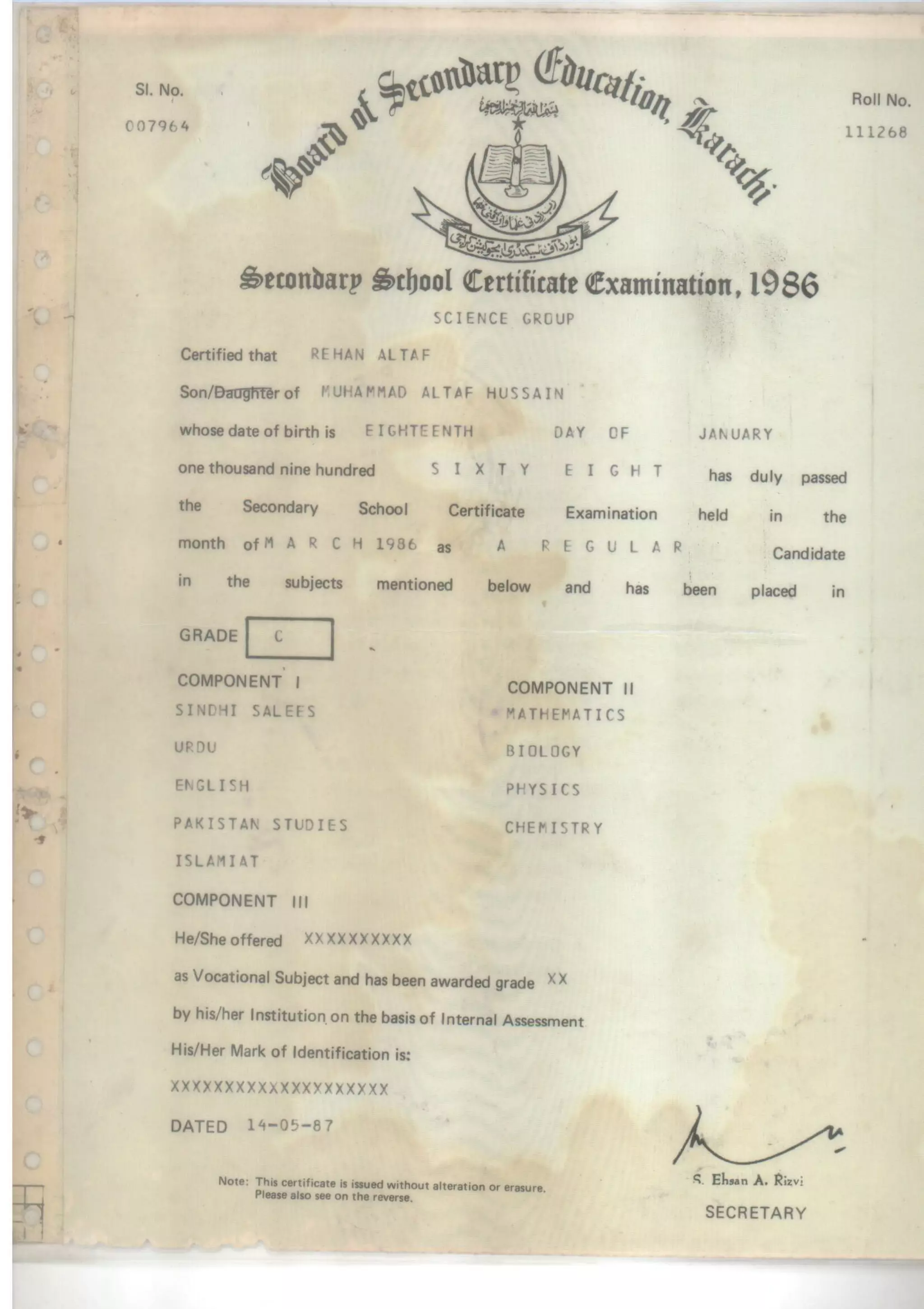 Matric SSC Certificate Pg 1 | PDF