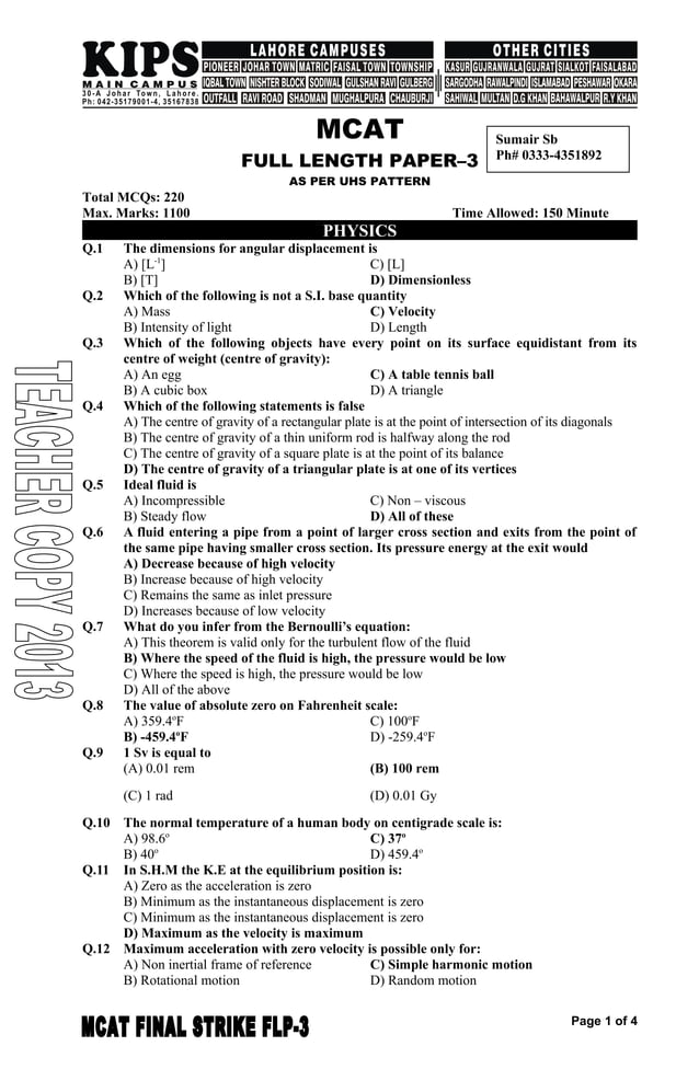 MCAT Full length paper 3 final | PDF