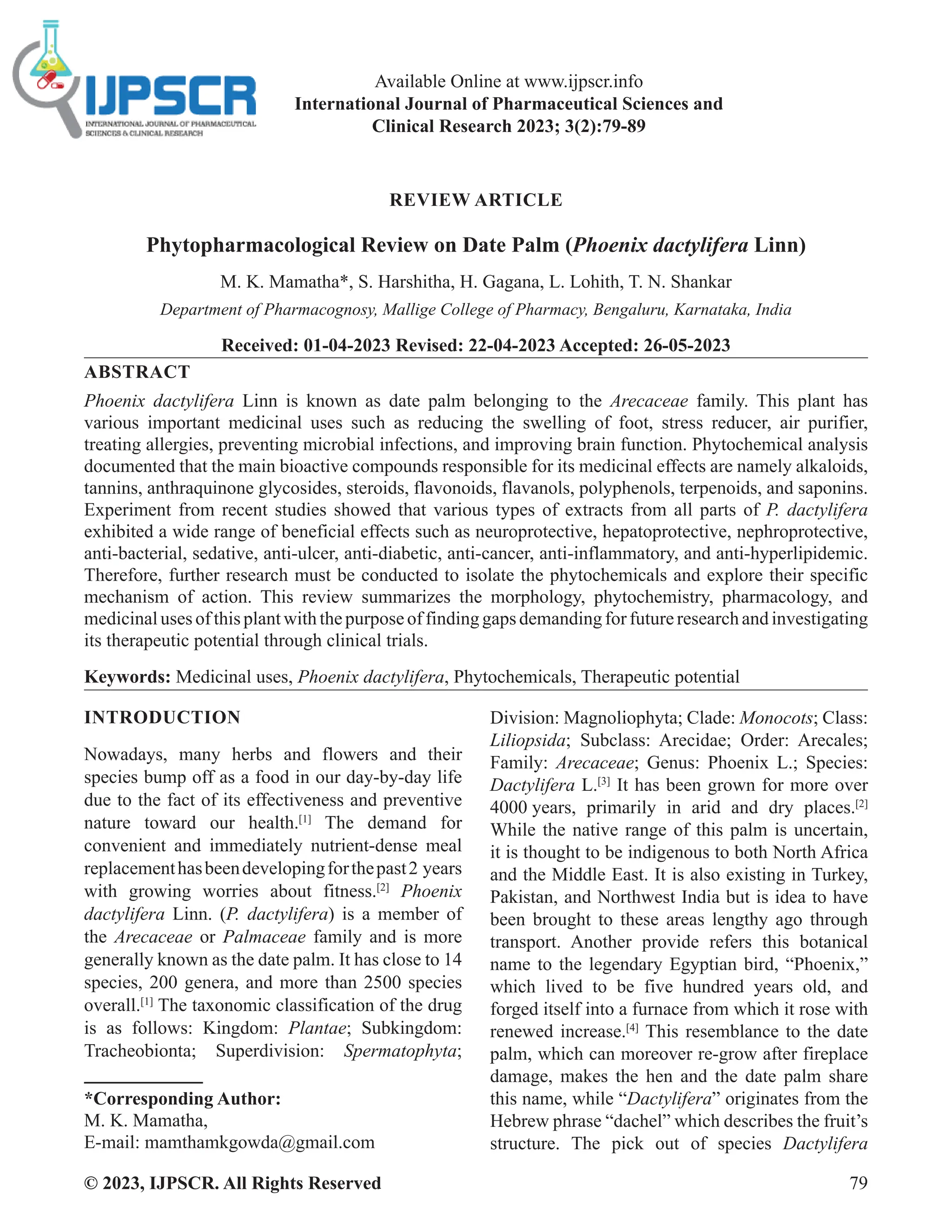 Phytopharmacological Review on Date Palm (Phoenix dactylifera Linn) | PDF