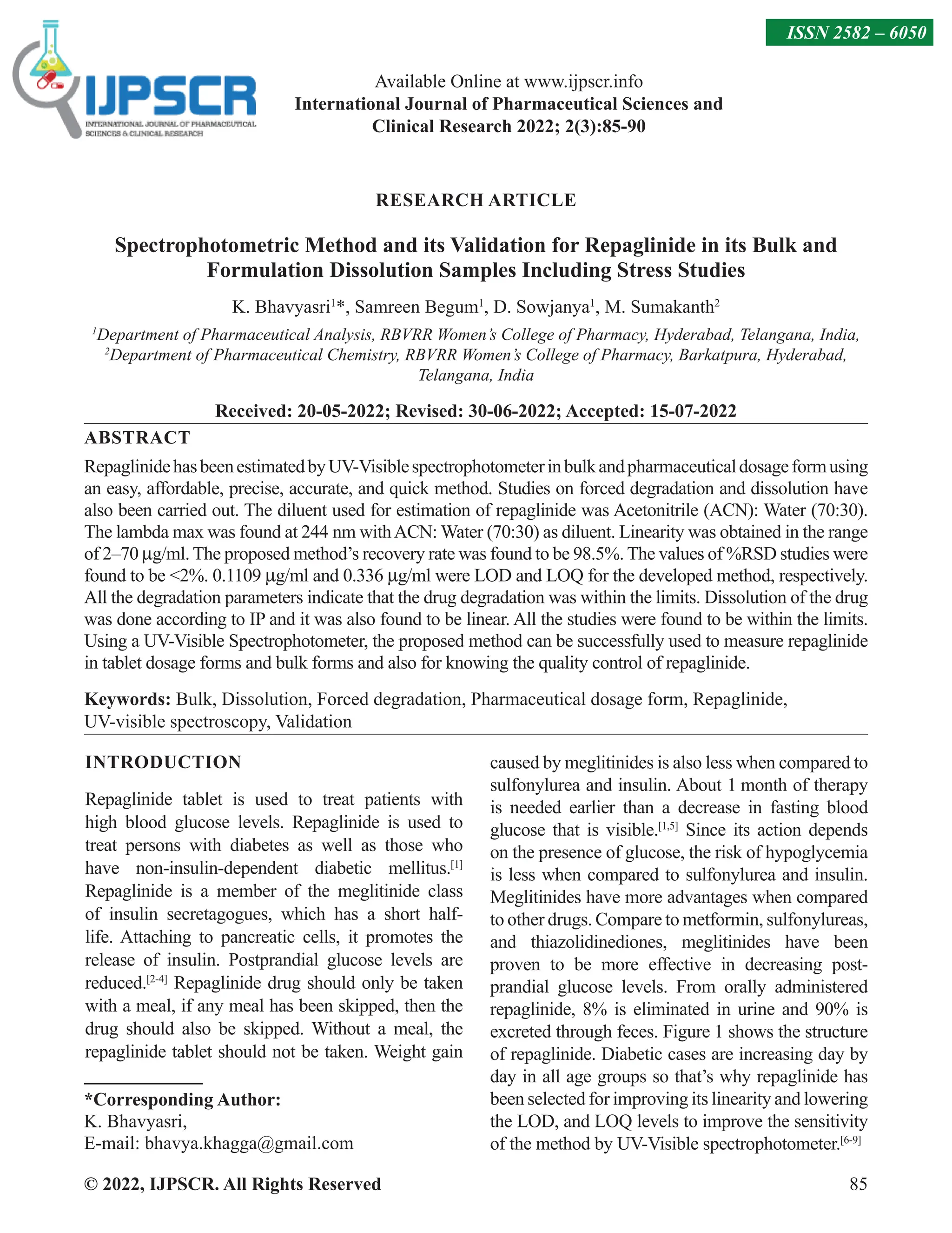 Spectrophotometric Method and its Validation for Repaglinide in its ...
