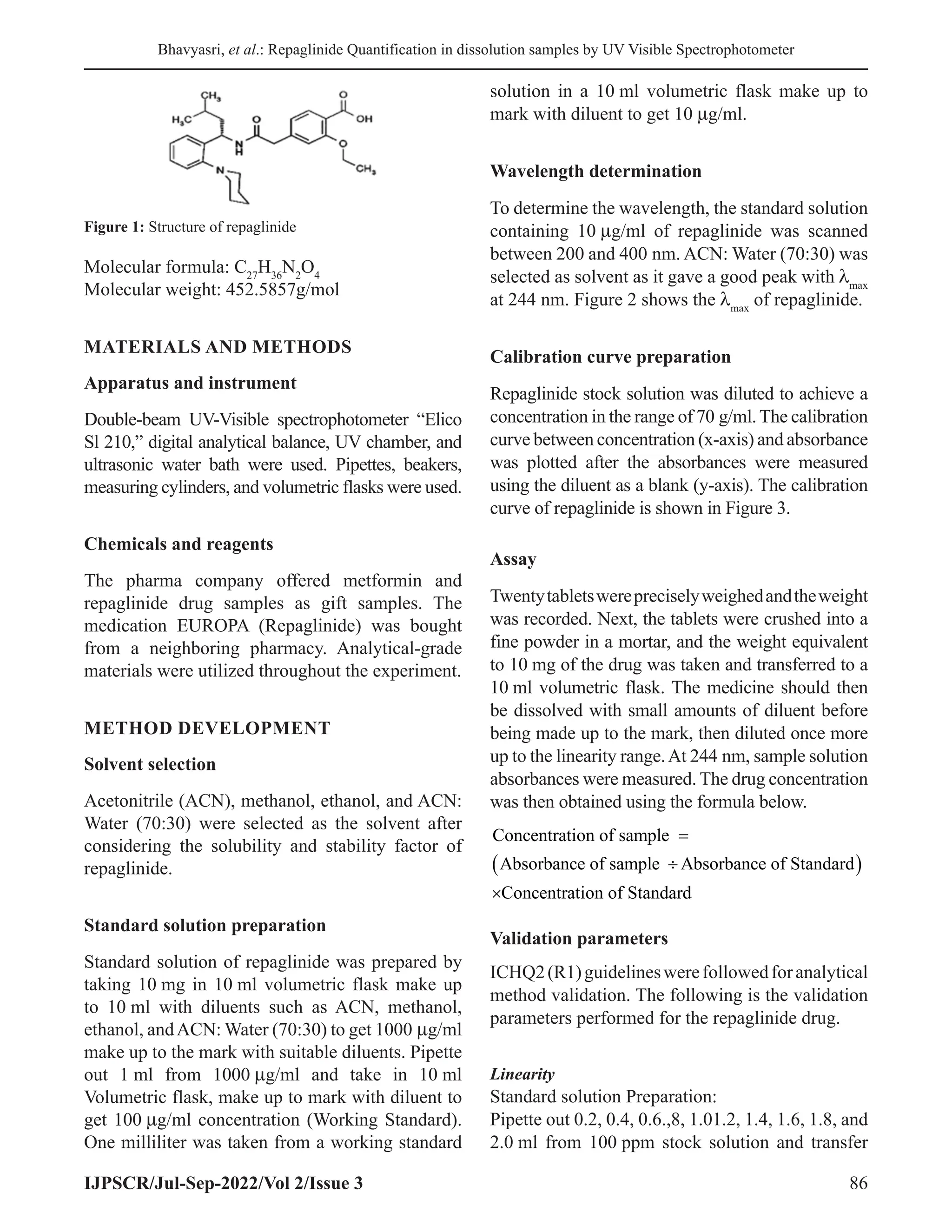 Spectrophotometric Method and its Validation for Repaglinide in its Bulk and Formulation ...