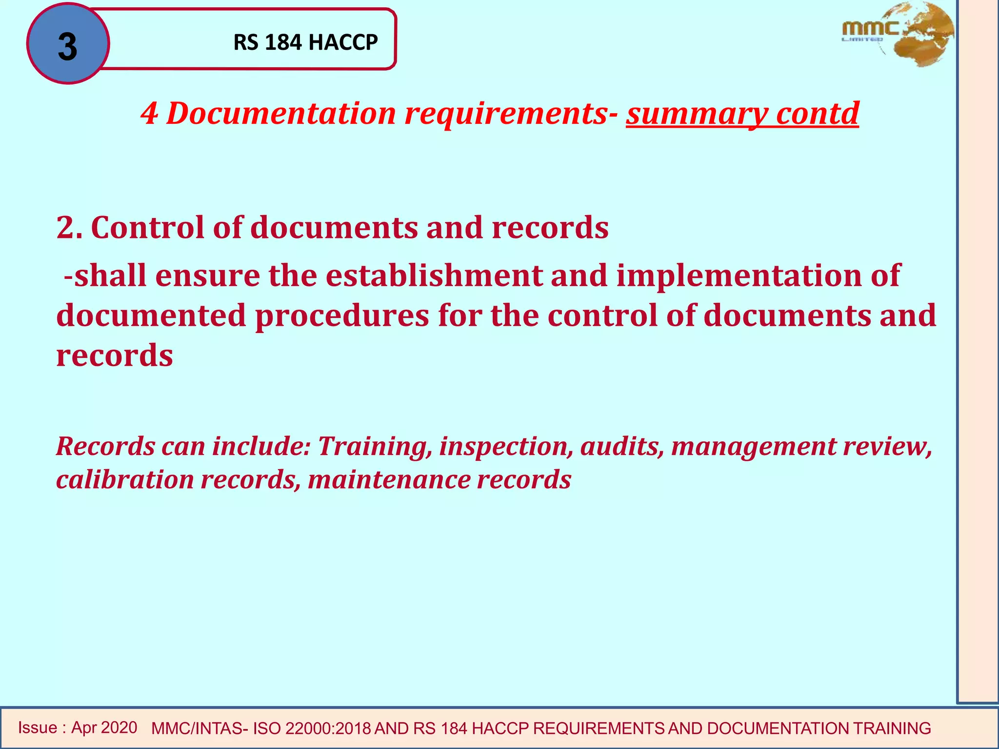 RS184 HACCP Clauses Requirements and Documentation Training ISO 22000 | PPT