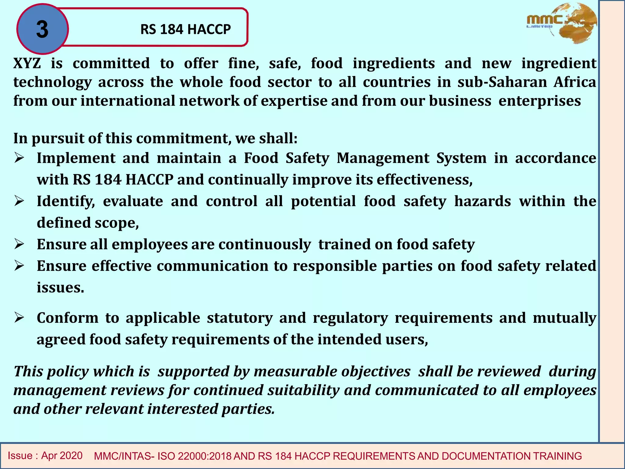 RS184 HACCP Clauses Requirements and Documentation Training ISO 22000 | PPT