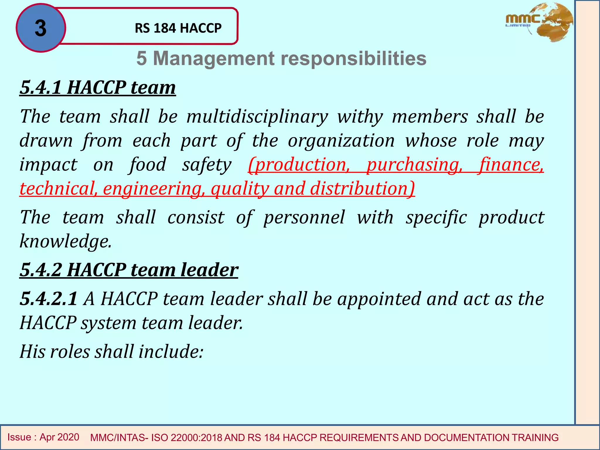 RS184 HACCP Clauses Requirements and Documentation Training ISO 22000 | PPT