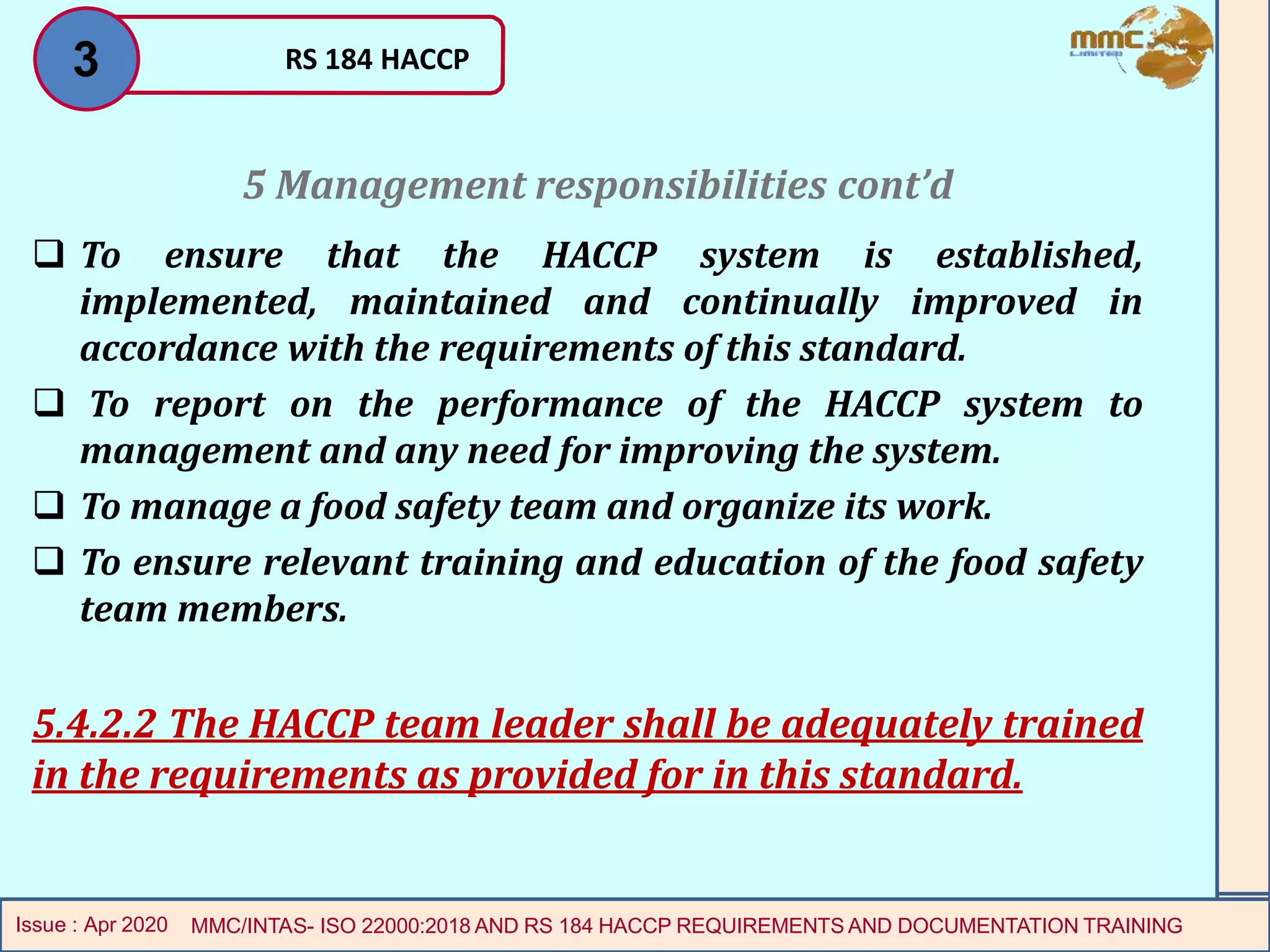 RS184 HACCP Clauses Requirements and Documentation Training ISO 22000 | PPT