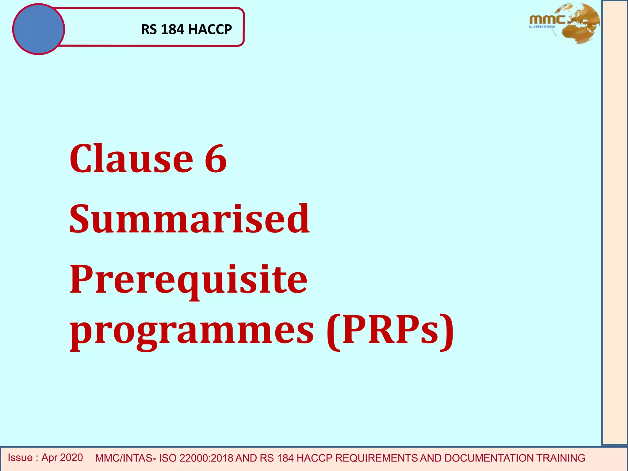 RS184 HACCP Clauses Requirements and Documentation Training ISO 22000 | PPT