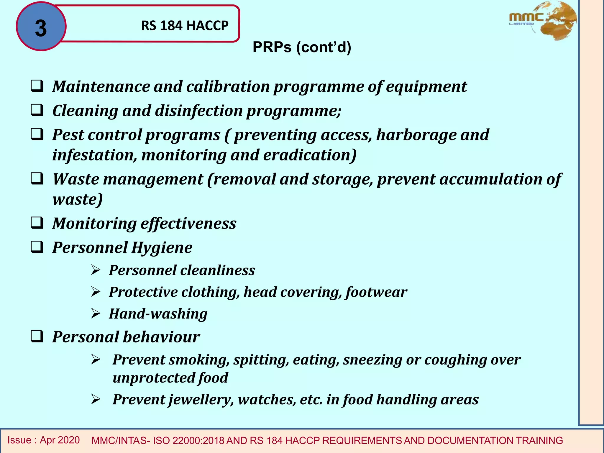 RS184 HACCP Clauses Requirements and Documentation Training ISO 22000 | PPT