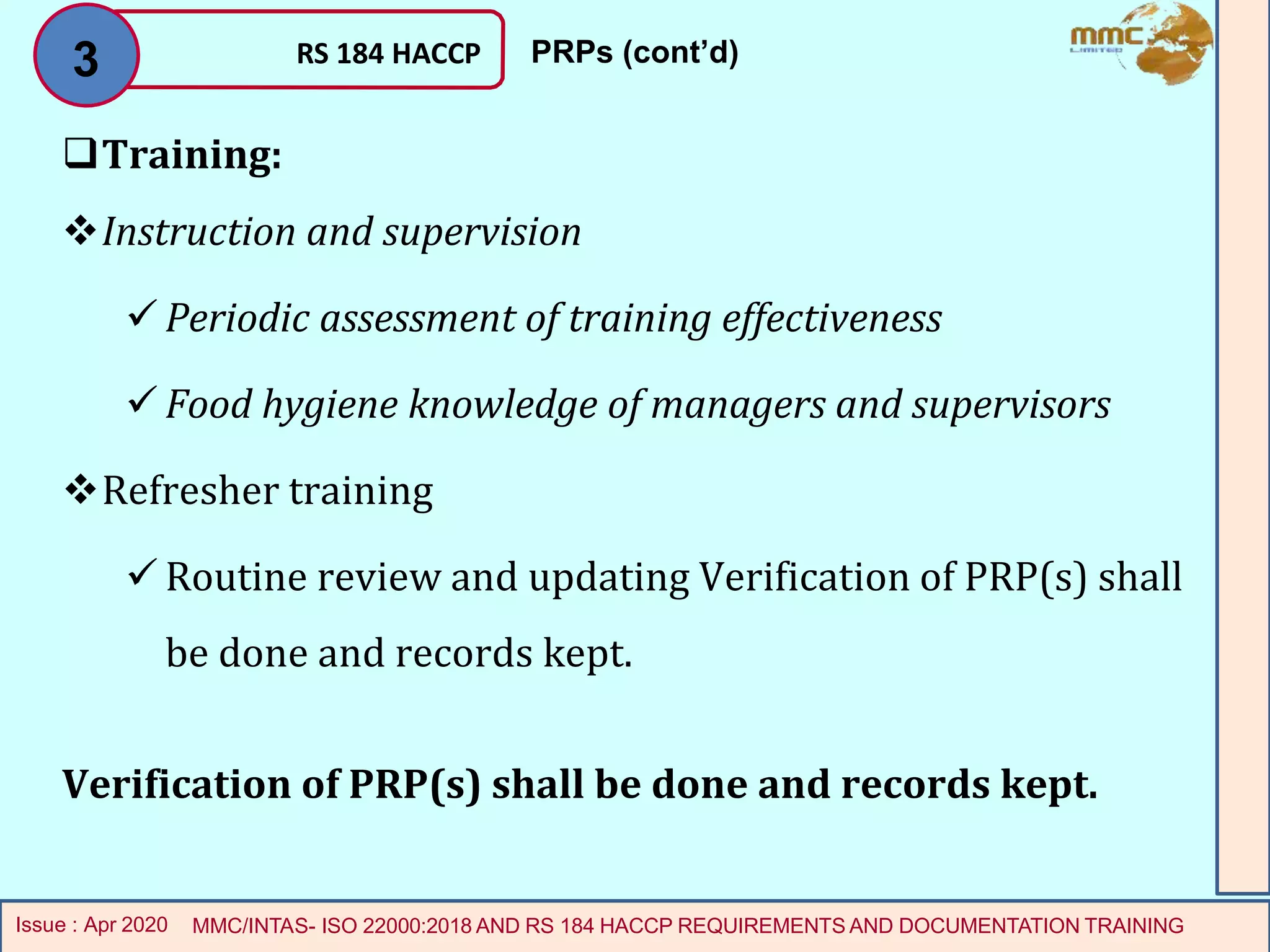 RS184 HACCP Clauses Requirements and Documentation Training ISO 22000 | PPT