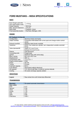 Ford Mustang Specs for India | PDF