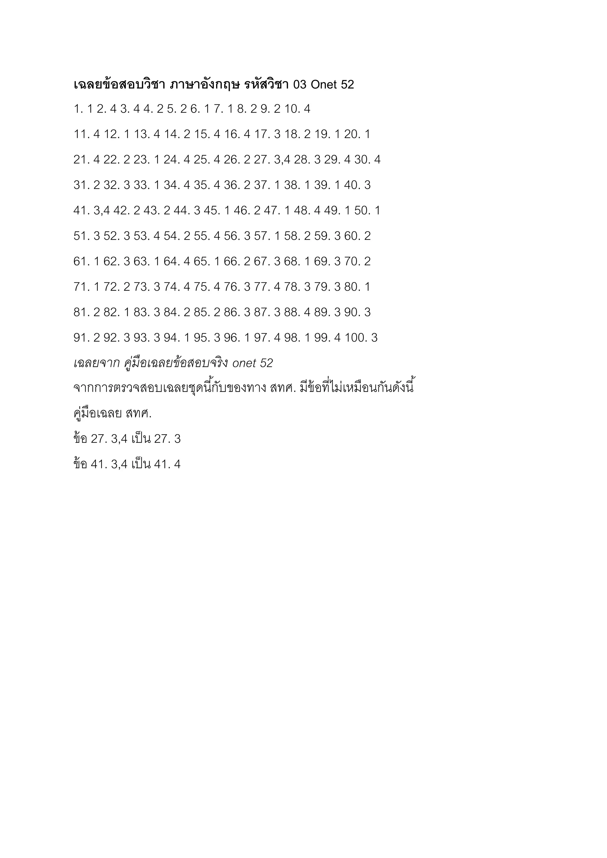 เฉลยข้อสอบวิชา ภาษาอังกฤษ รหัสวิชา 03 onet 52 | PDF